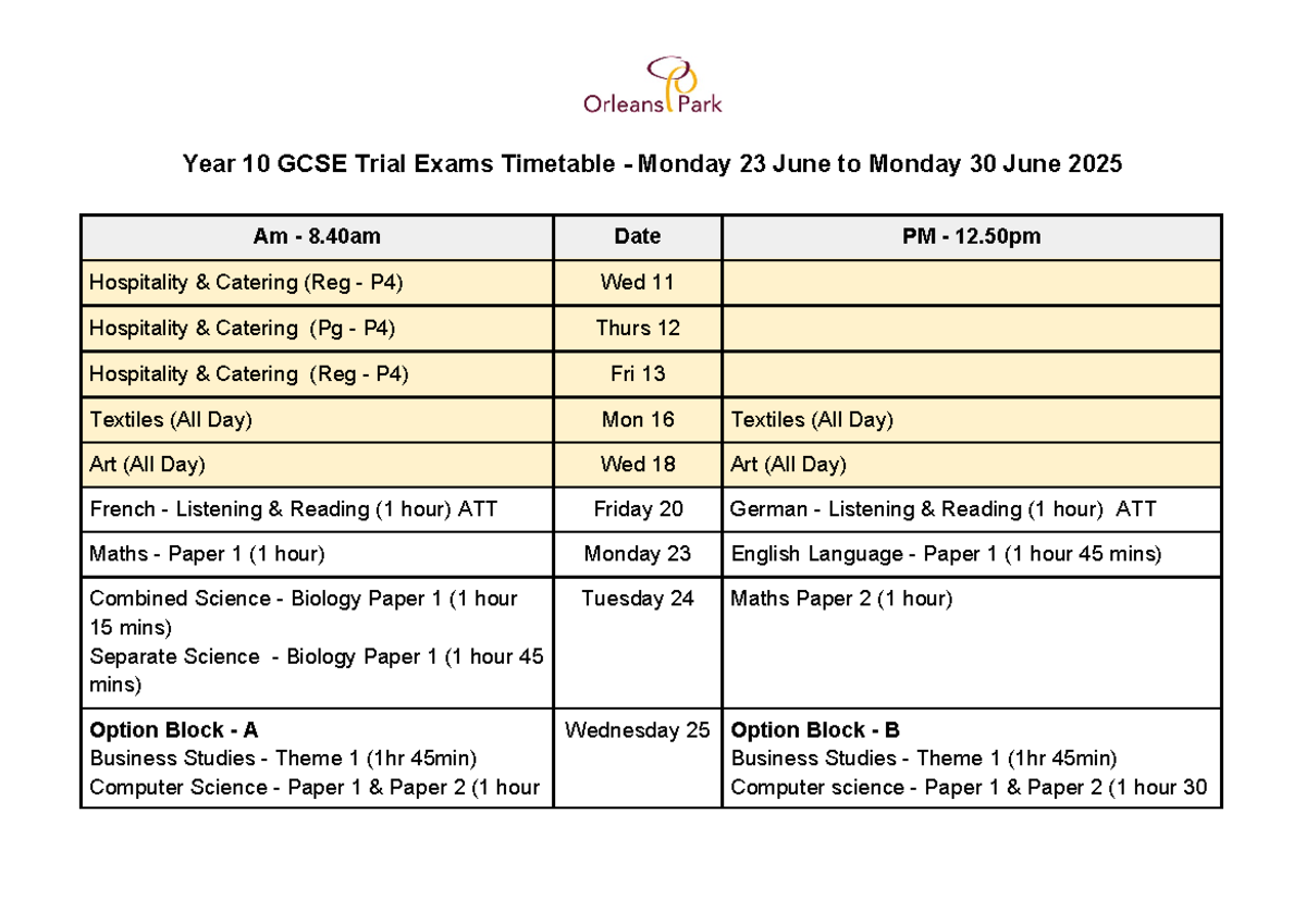 Year 10 GCSE Trial Exams Timetable: June 23-30, 2025 - Studocu