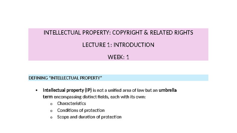 INTELLECTUAL PROPERTY: COPYRIGHT RELATED RIGHTS LECTURE 1 WEEK 1 - Studocu