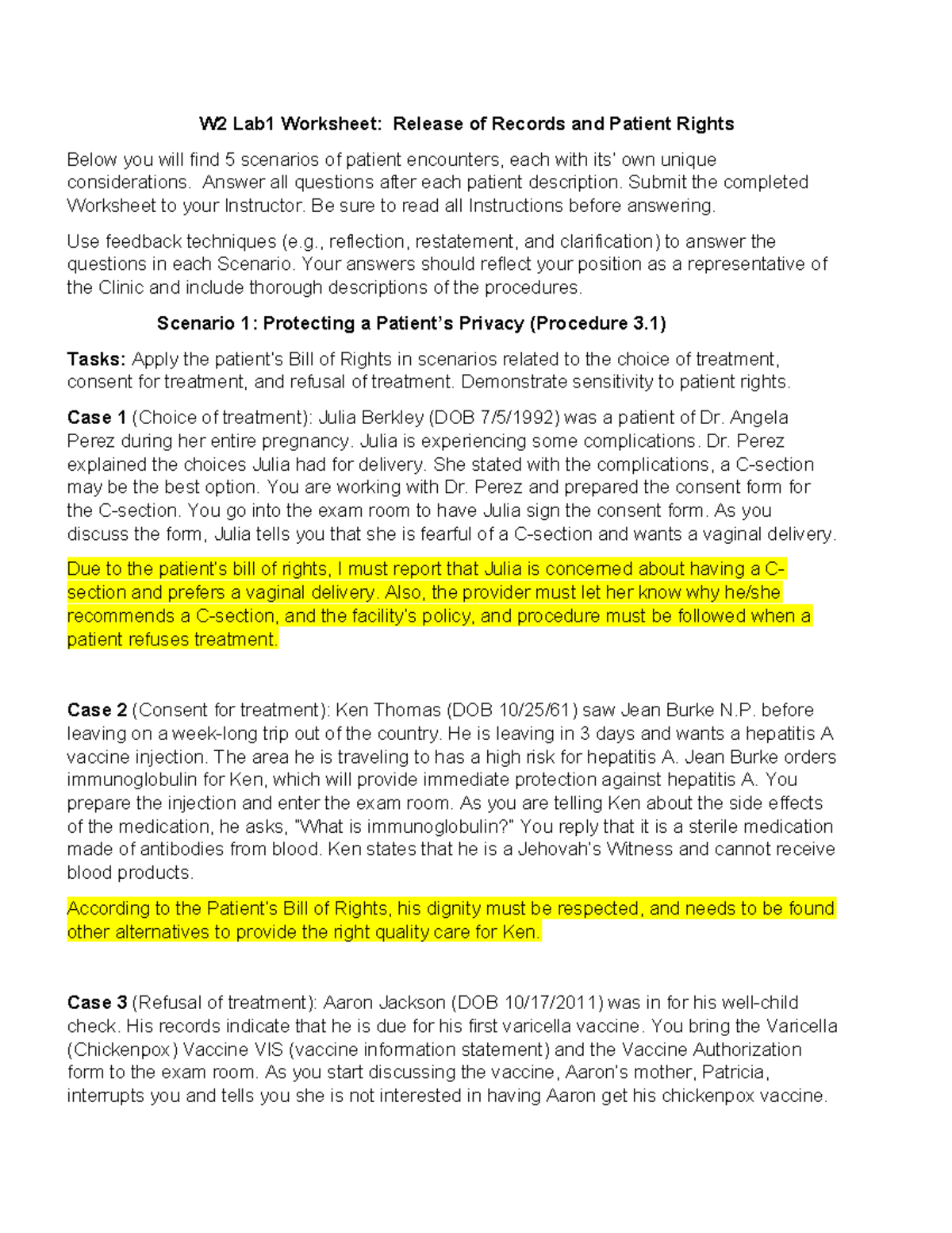 MOA110 W2 Lab Assignment: Patient Rights and Ethical Scenarios Analysis - Studocu