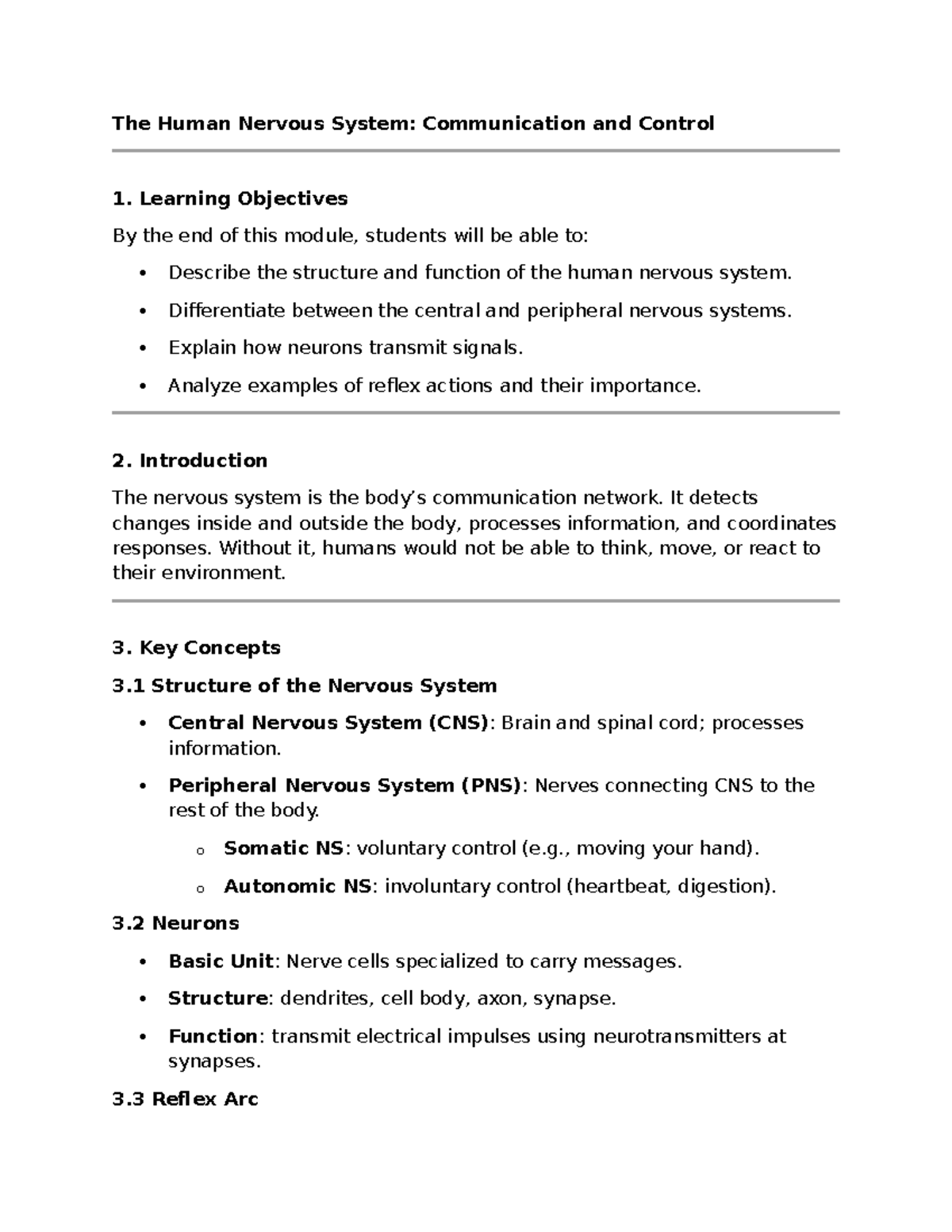 The Human Nervous System: Structure, Function, and Reflexes - Studocu