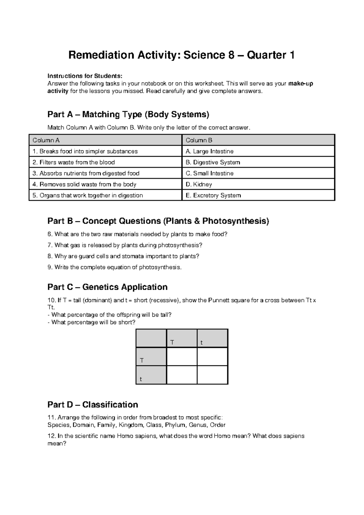 Science 8 Remediation Activity: Quarter 1 Tasks for Students - Studocu