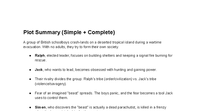 Lord of the Flies (ENG 101) - Complete Plot Summary & Analysis - Studocu