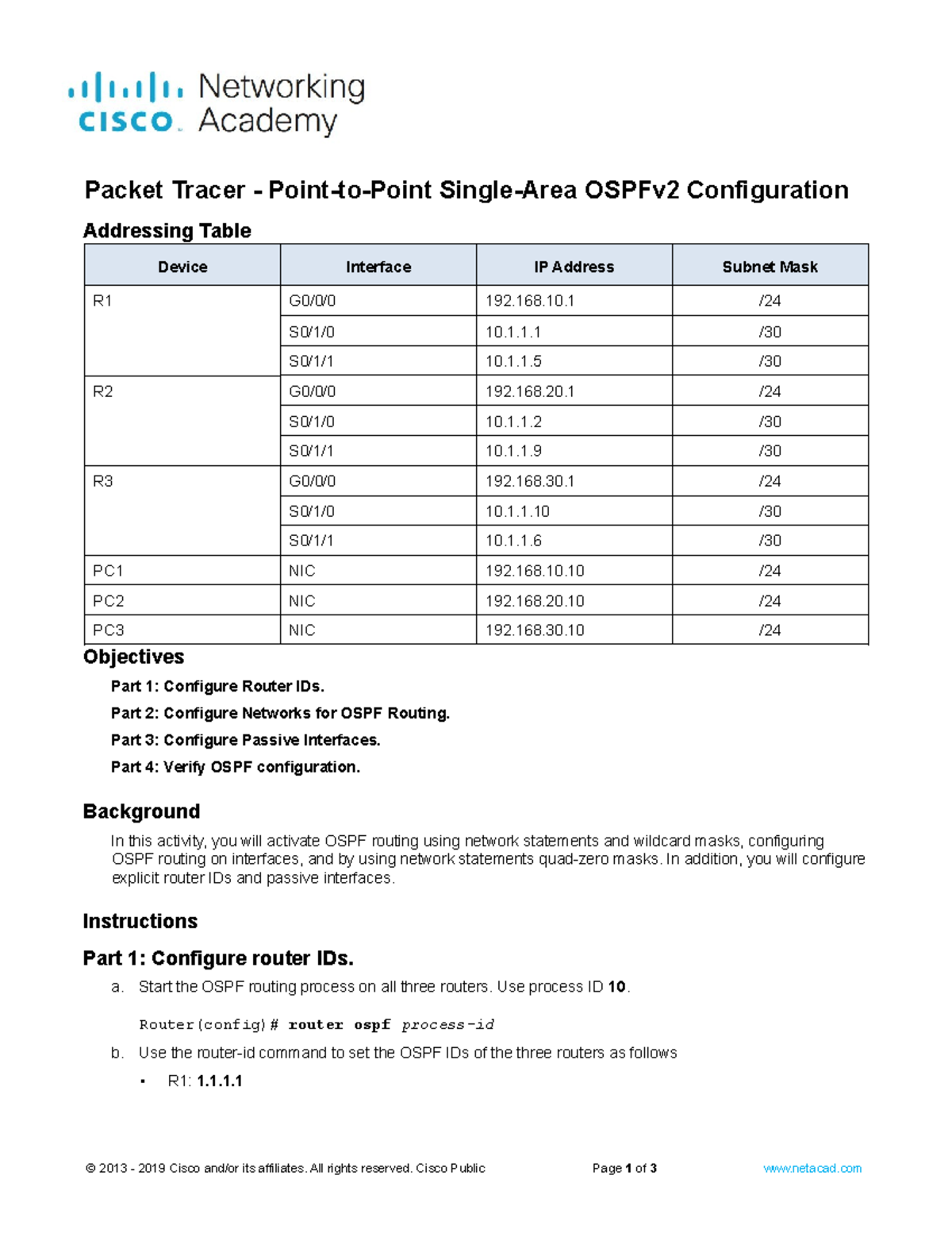 Packet Tracer OSPFv2 Configuration for Point-to-Point Single Area - Studocu
