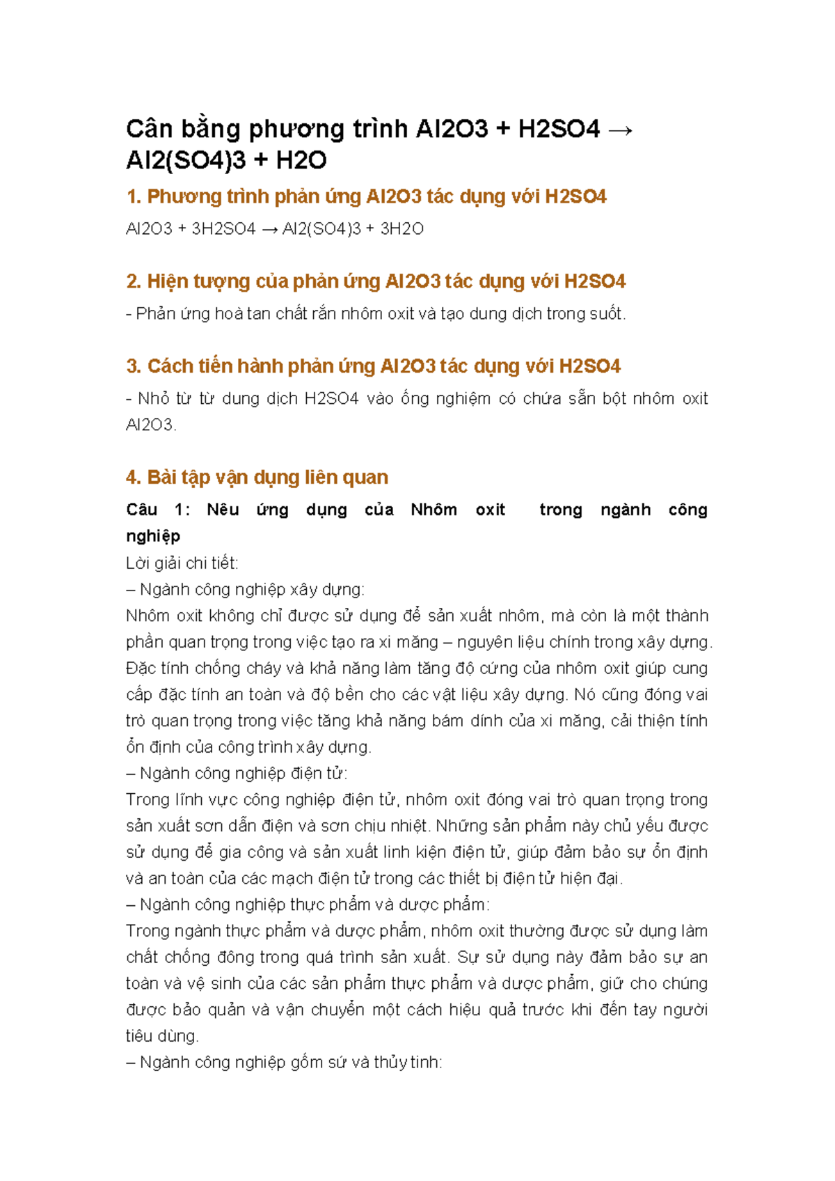 Cân Bằng Phương Trình Hóa Học Al2O3 + H2SO4 → Al2(SO4)3 + H2O - Studocu