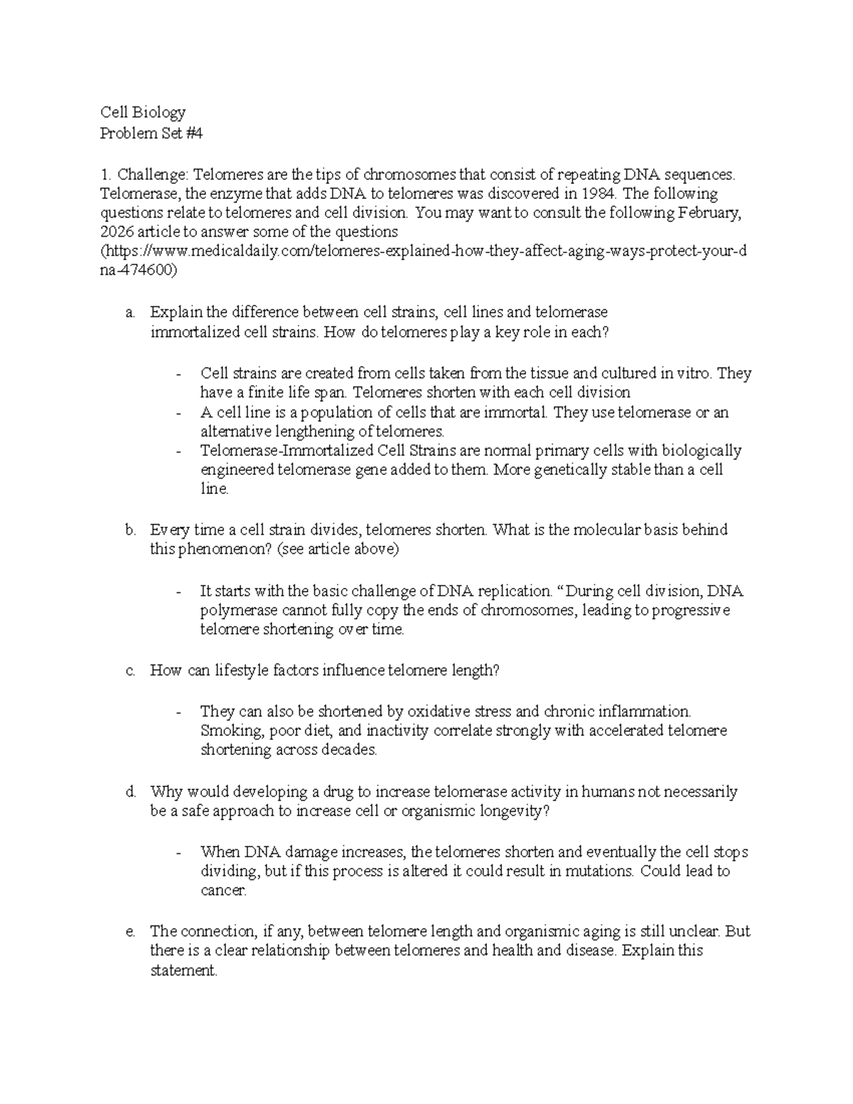 Cell Biology Problem Set #4: Telomeres and Their Role in Cell Division ...