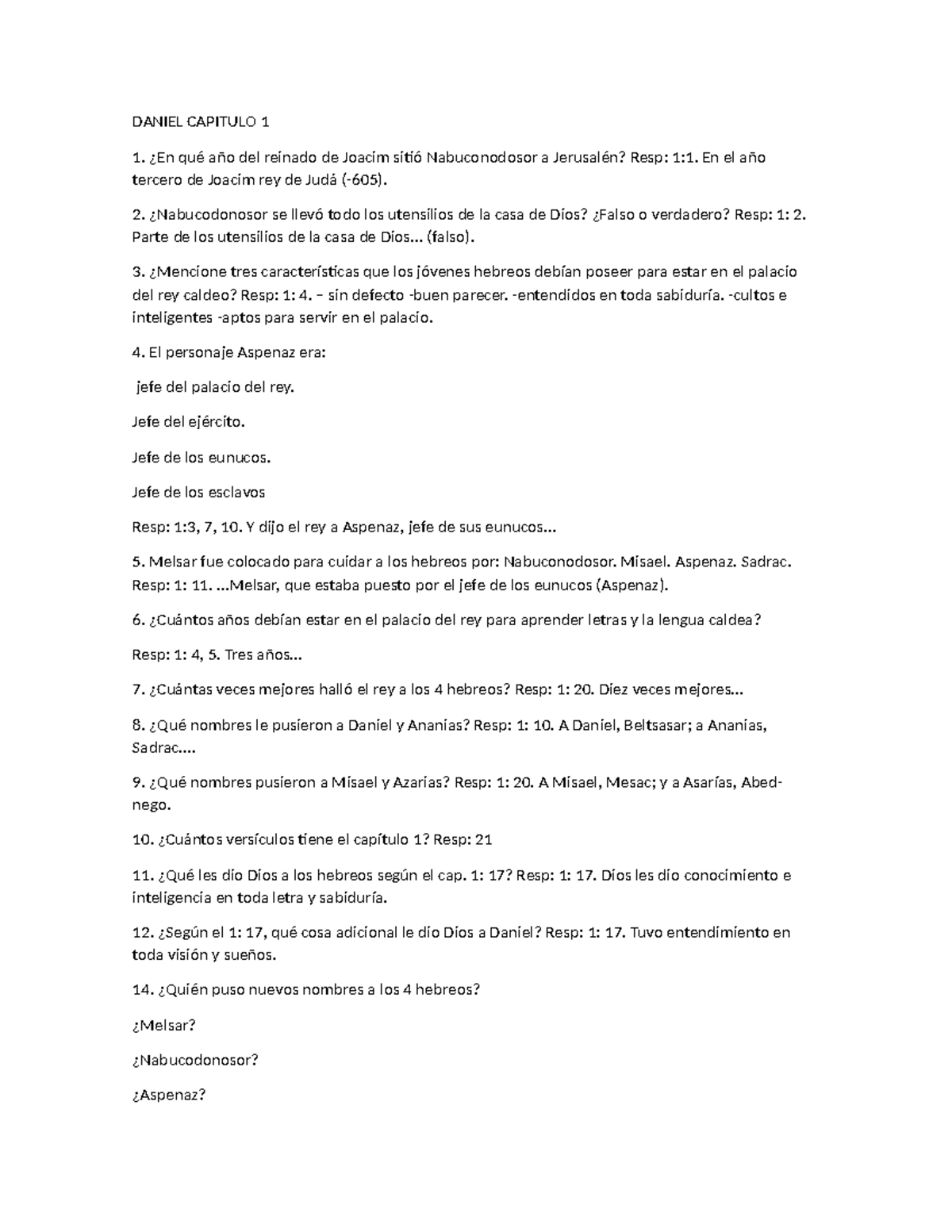DANIEL 1-2: Respuestas y Análisis de Capítulos 1 y 2 - Studocu