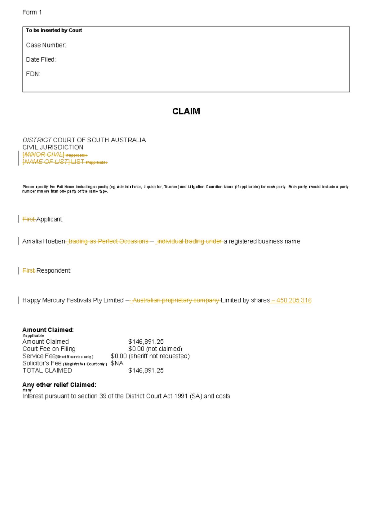 Form 001 Claim - Assignment in District Court of South Australia - Studocu