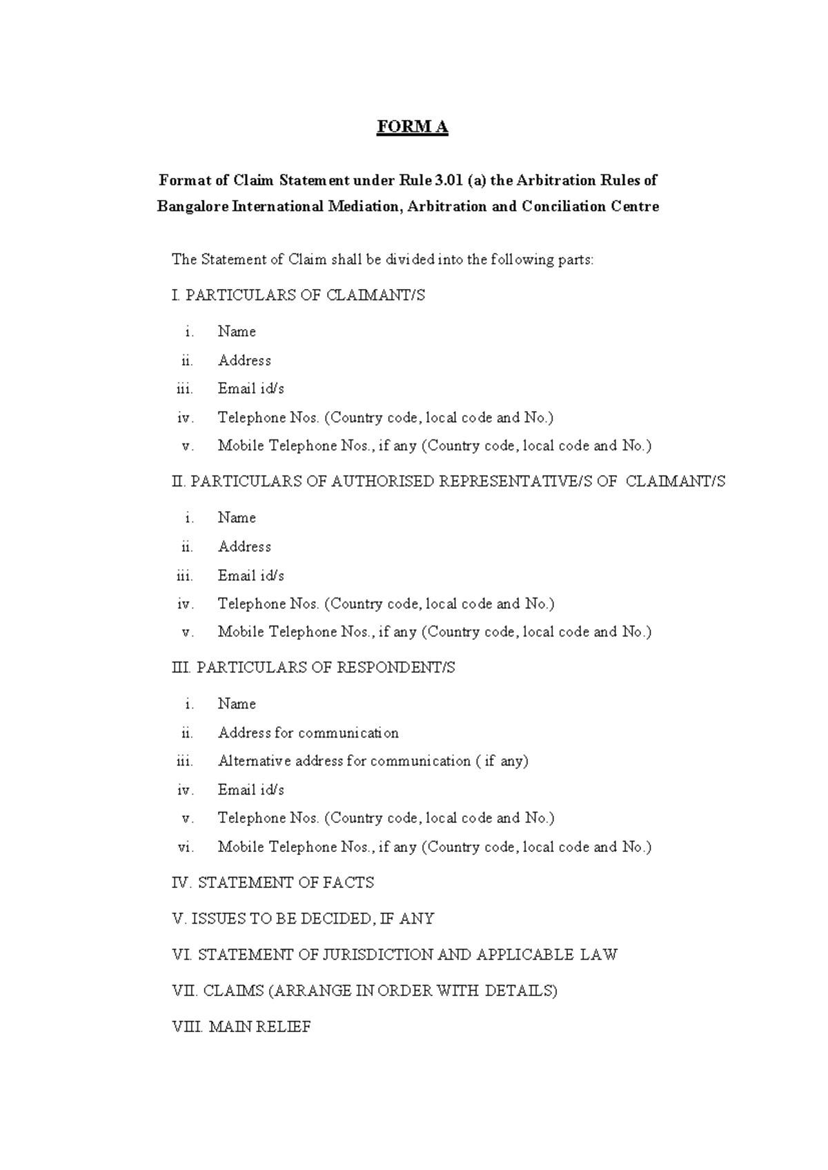 FORM A: Draft Claim Statement Format under Arbitration Rules - Studocu