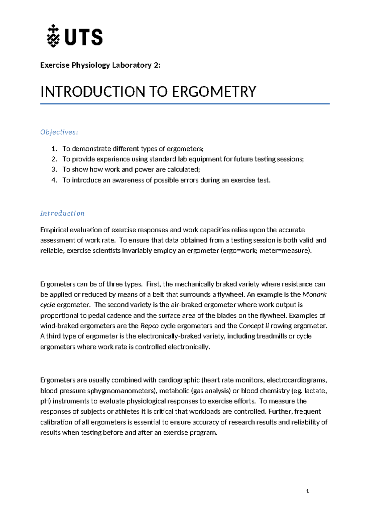Exercise Physiology Lab 2: Ergometry Techniques and Methodology - Studocu