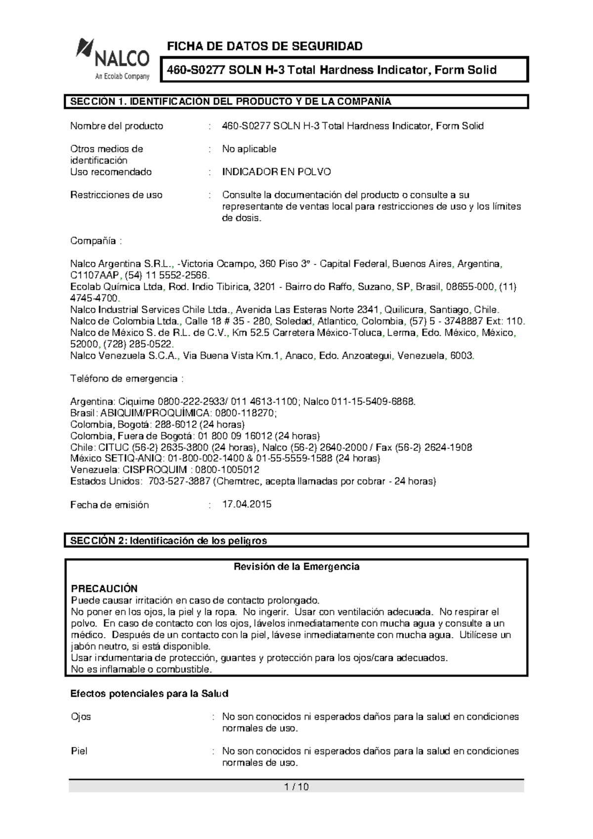 460-S0277 Ficha de Seguridad: SOLN Total Hardness Indicator - Studocu