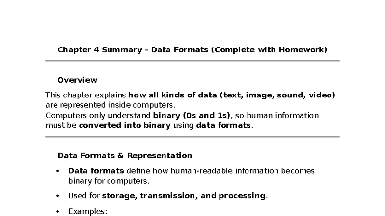 Itec 1000 Chapter 4 Summary: Data Formats & Homework Insights - Studocu