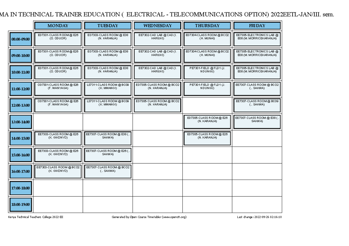 Electrical Trainer Education Timetable 2022EEP-SEPT/III Semester - Studocu