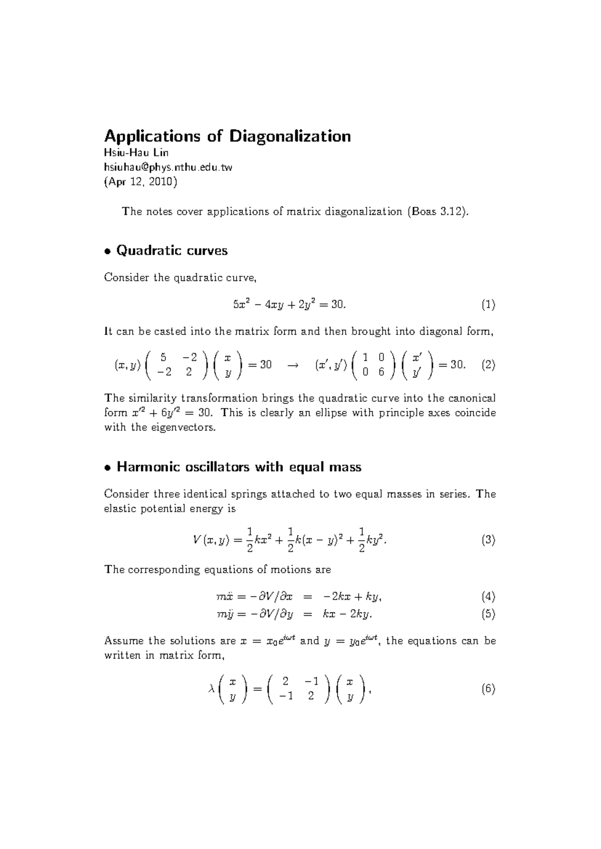 Applications of Diagonalization in Harmonic Oscillators and Quadratics ...