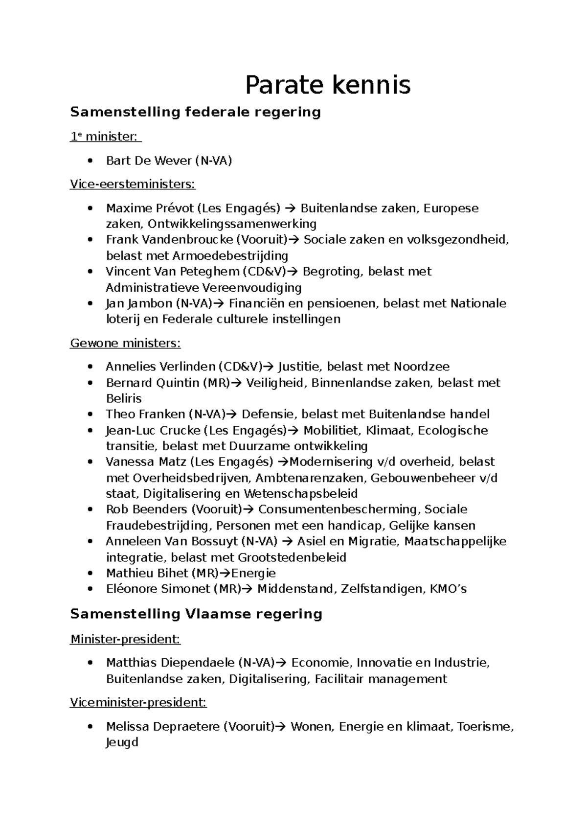 Parate kennis - Samenstelling federale regering voor Test - Studocu