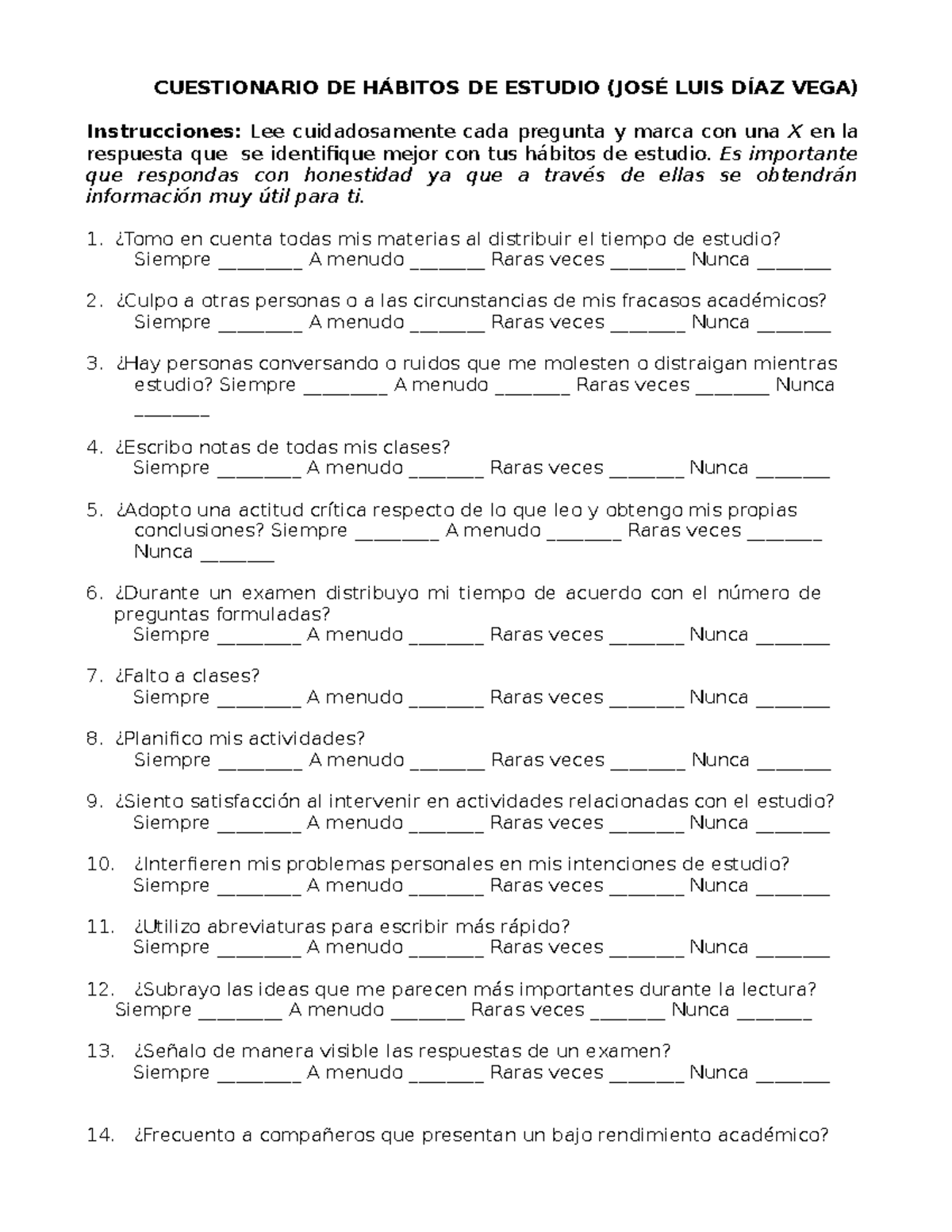 Cuestionario de Hábitos de Estudio - HE - José Luis Díaz Vega - Studocu