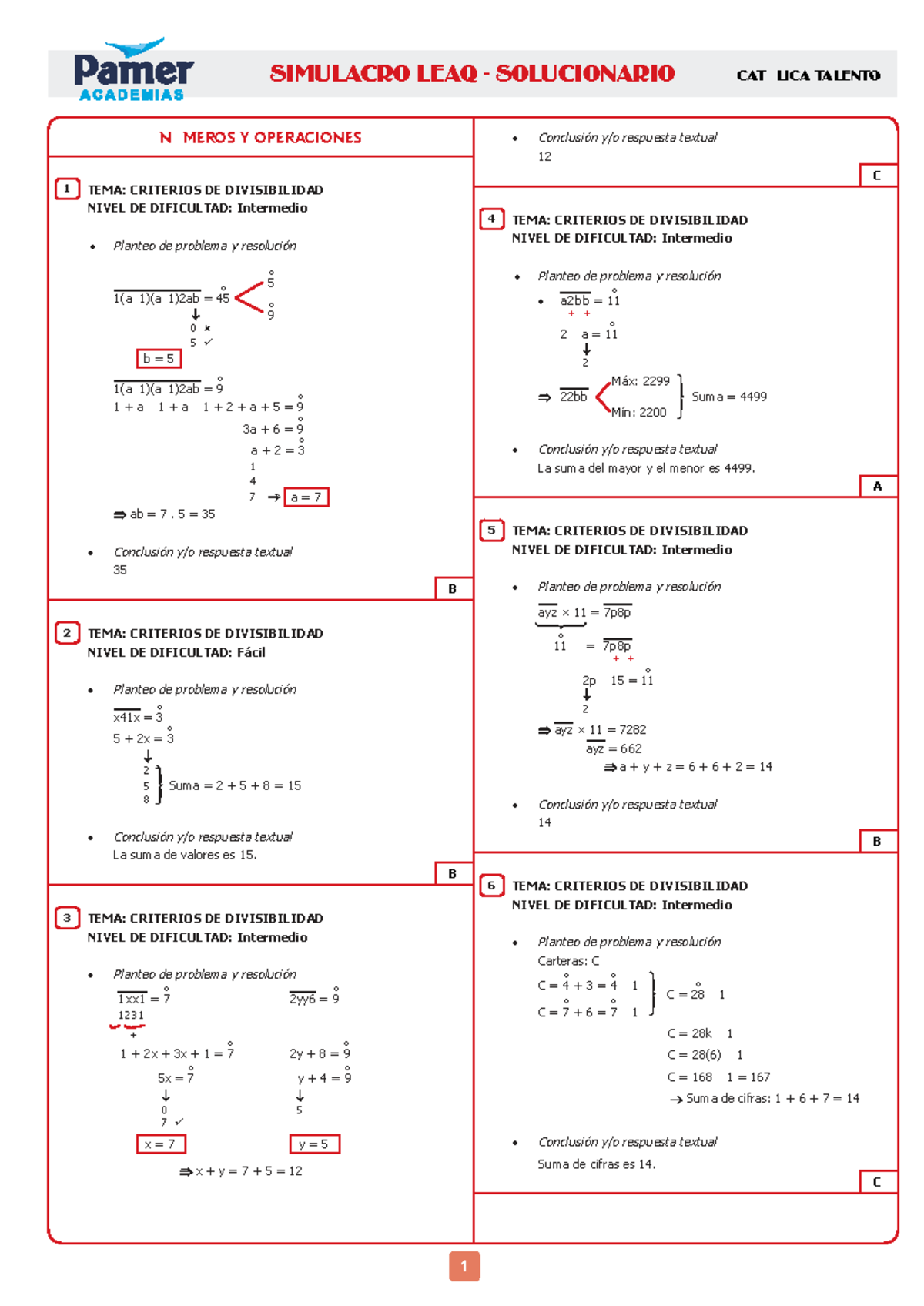 SIMULACRO LEAQ SOLUCIONARIO CRITERIOS DE DIVISIBILIDAD NIVEL INTERMEDIO ...