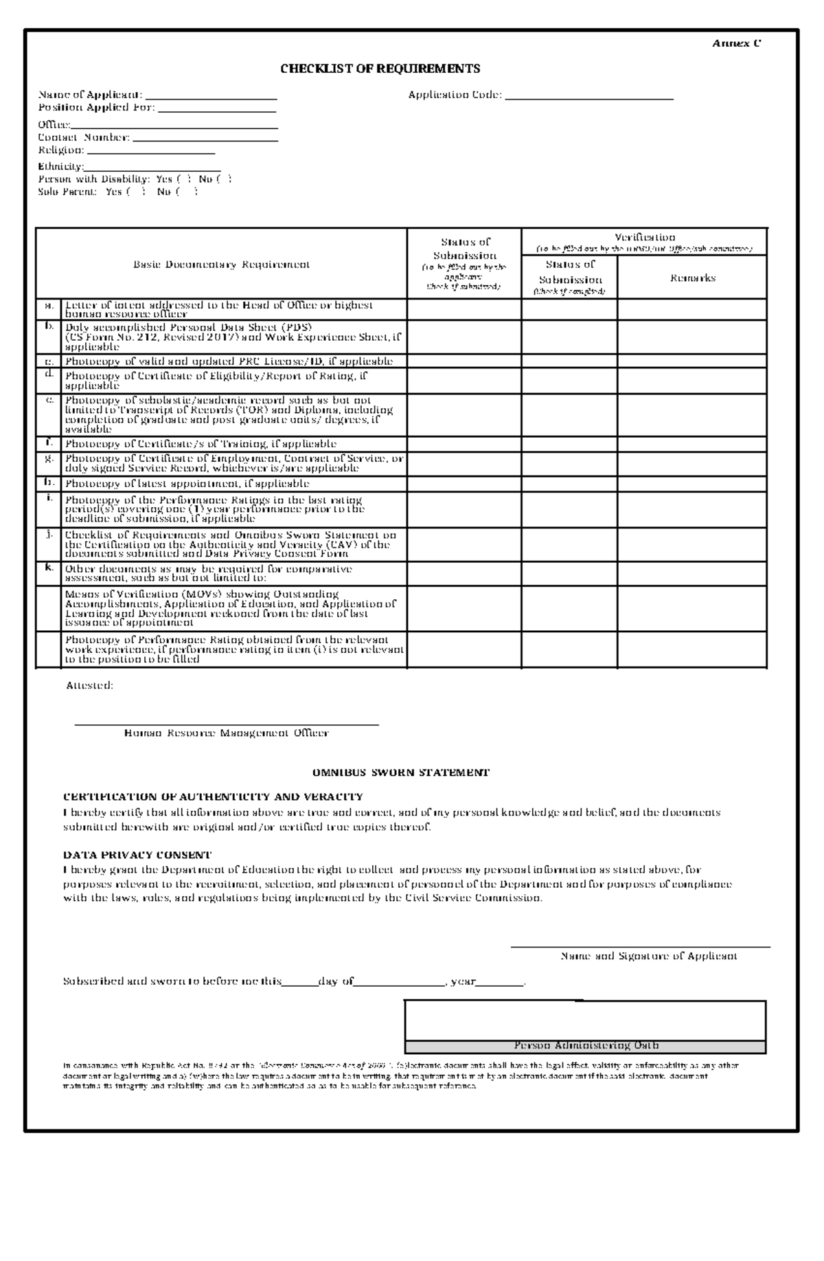 Omnibus Sworn Statement for Teacher Application Checklist - Studocu