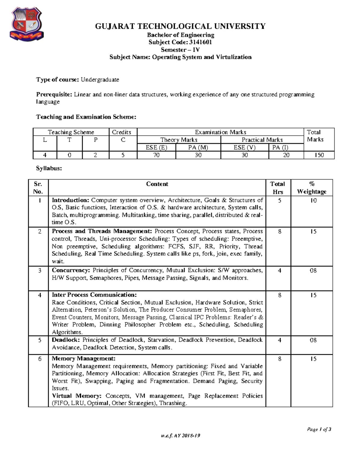 Operating System - GTU - GUJARAT TECHNOLOGICAL UNIVERSITY Bachelor of ...
