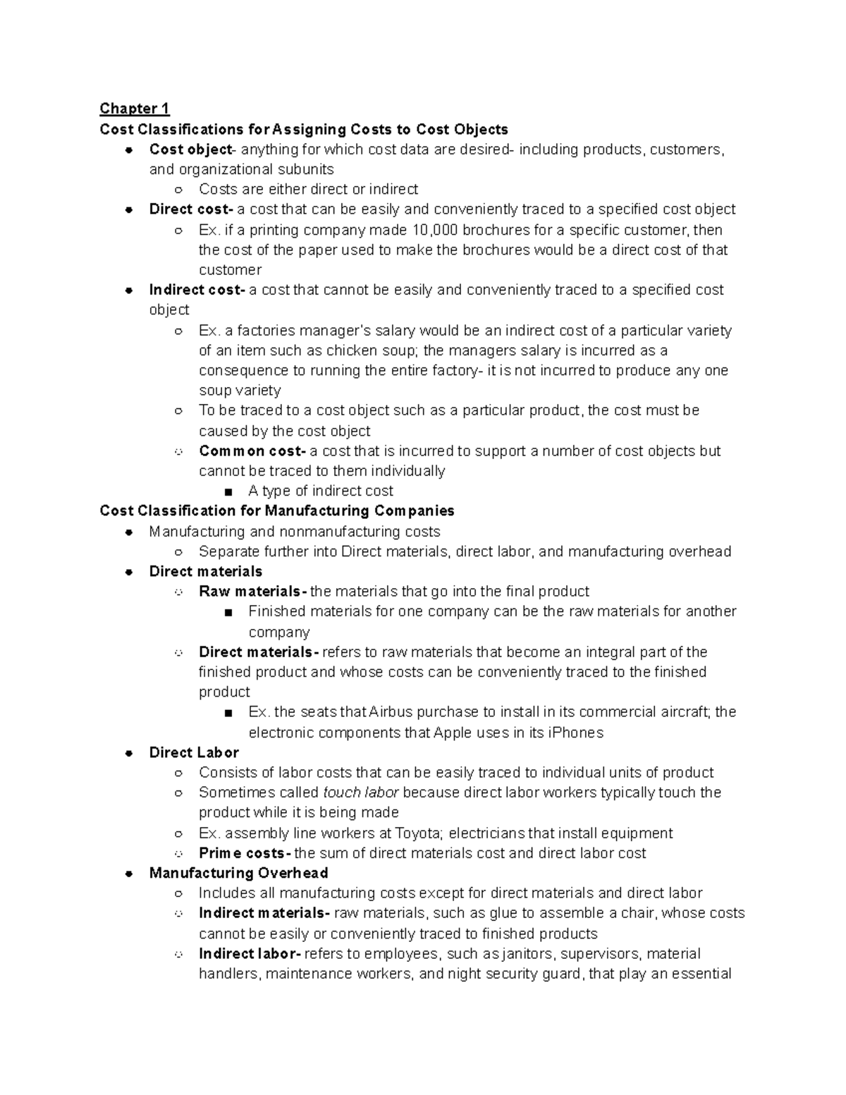Ch 1 notes acct 2020 - Professor: Emily McCorkle - Chapter 1 Cost ...
