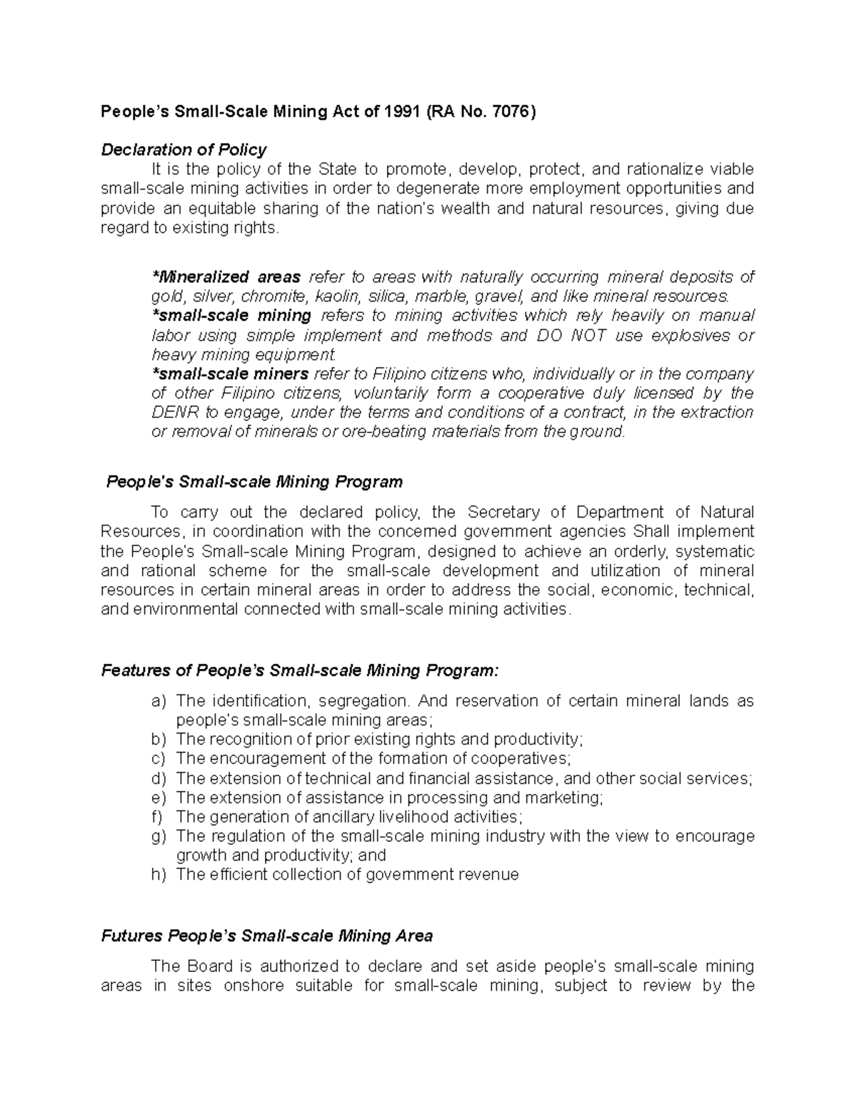 People's Small-Scale Mining Act (RA 7076) Overview & Provisions - Studocu