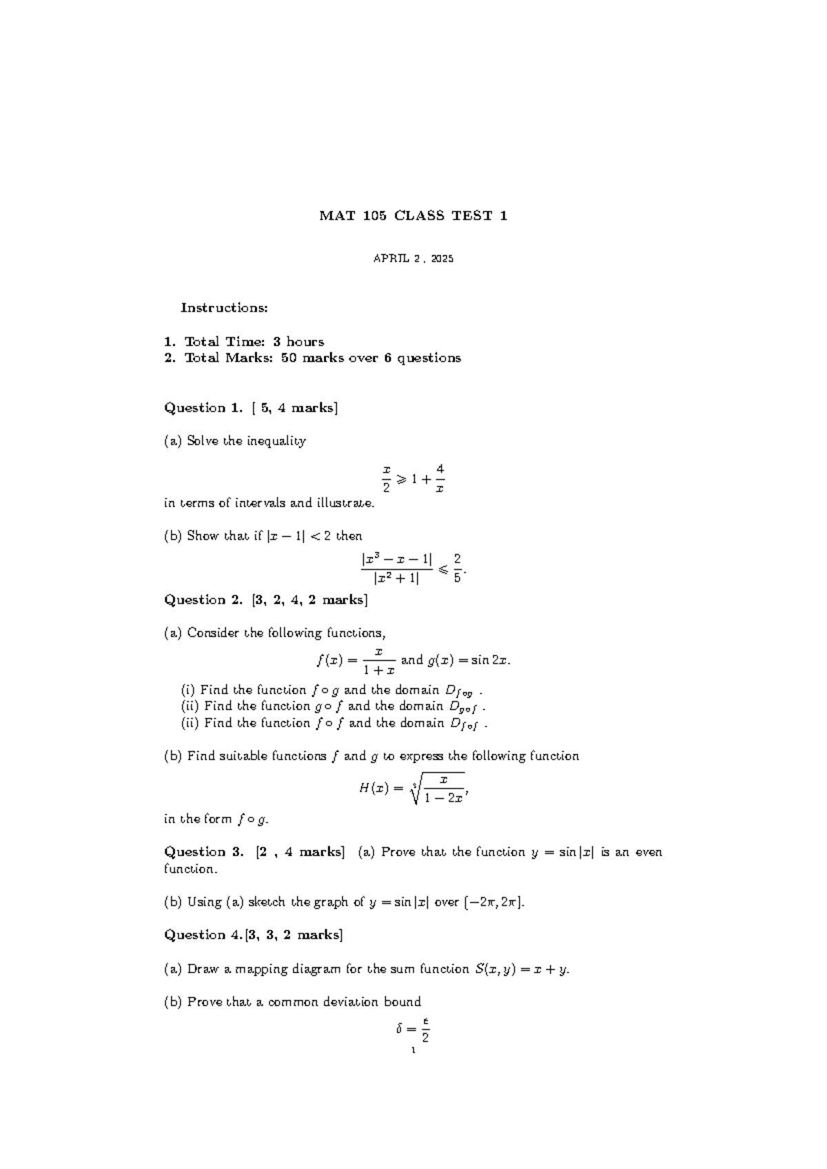 MAT 105 TEST 1 MEMO - APRIL 2, 2025 - Studocu