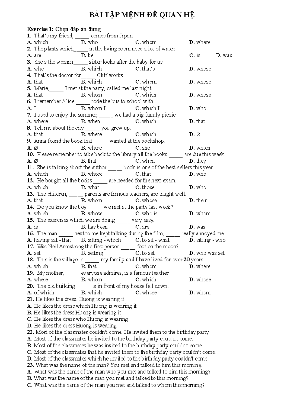BÀI TẬP MỆNH ĐỀ QUAN HỆ 1 - Exercise on Relative Clauses - Studocu