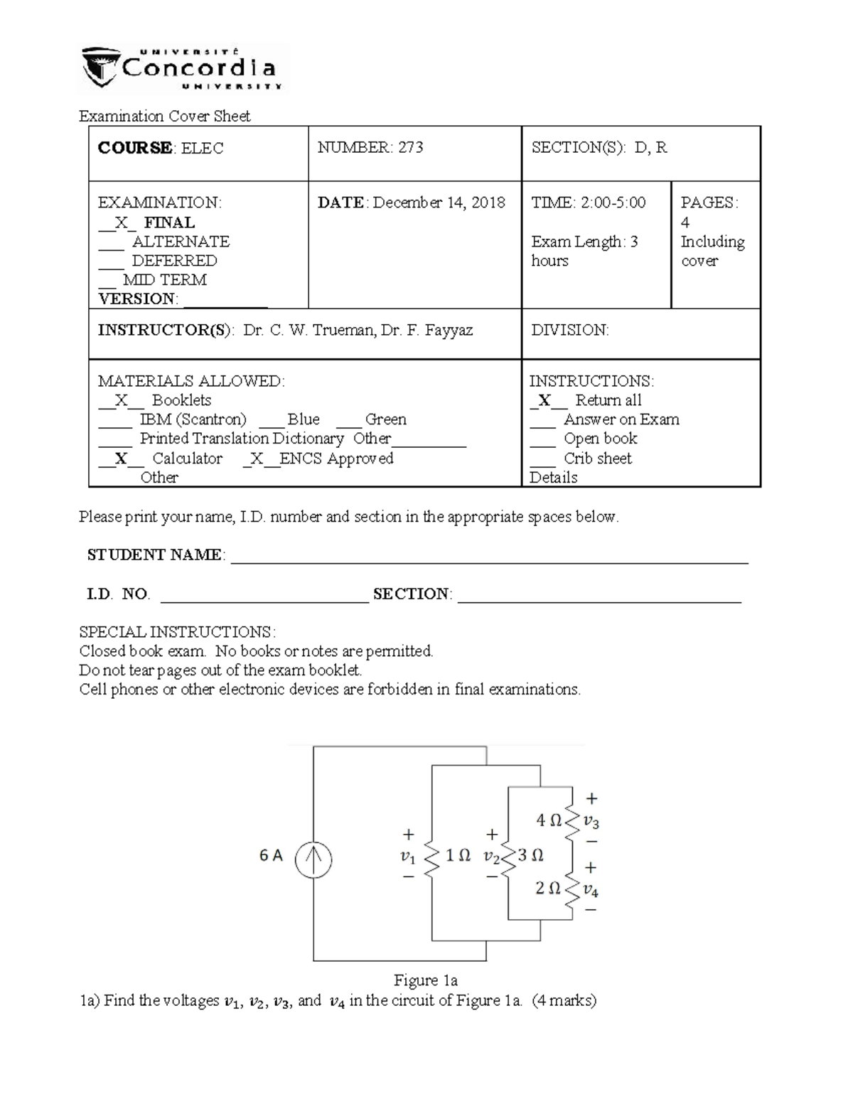 ELECExam with solution - Examination Cover Sheet COURSE: ELEC NUMBER: 273 SECTION(S): D, R - Studocu