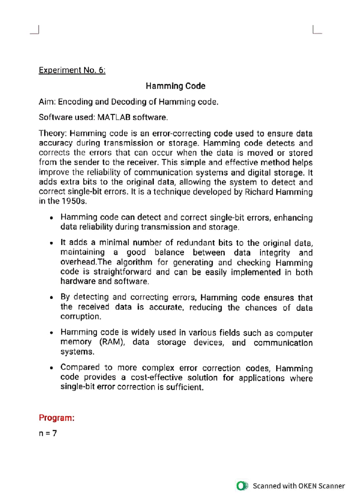 Experiment No. 6: Hamming Code Encoding & Decoding in MATLAB - Studocu