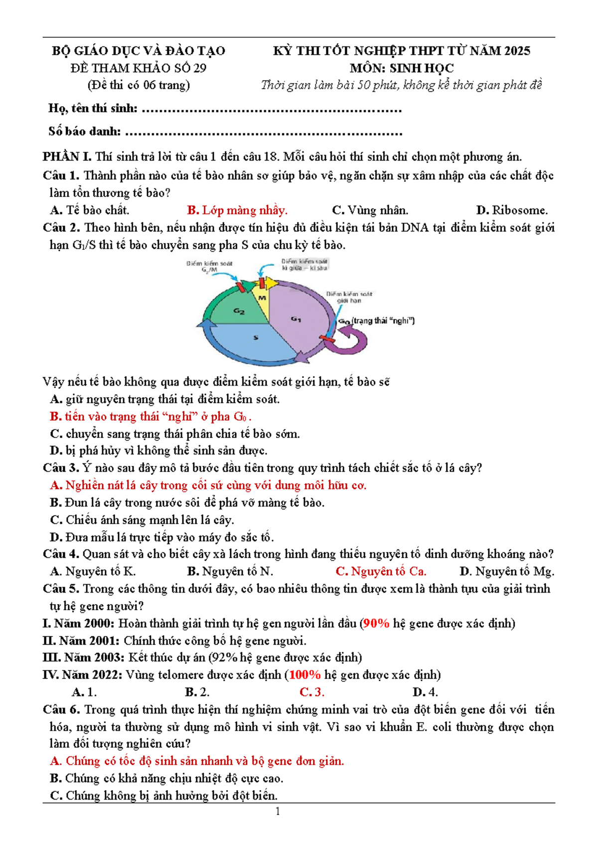 Đề Tham Khảo Số 29 - Kỳ Thi Tốt Nghiệp THPT Môn Sinh Học - Studocu