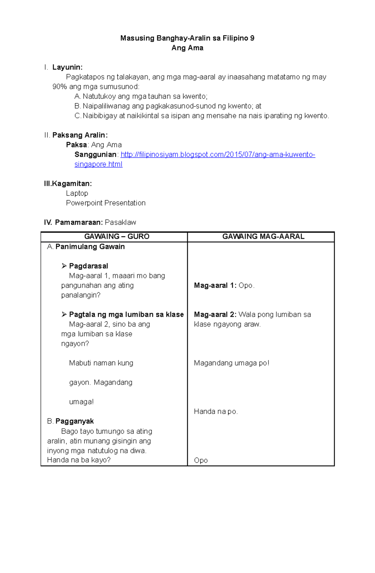 Masusing Banghay-Aralin sa Filipino 9: Ang Ama - Studocu