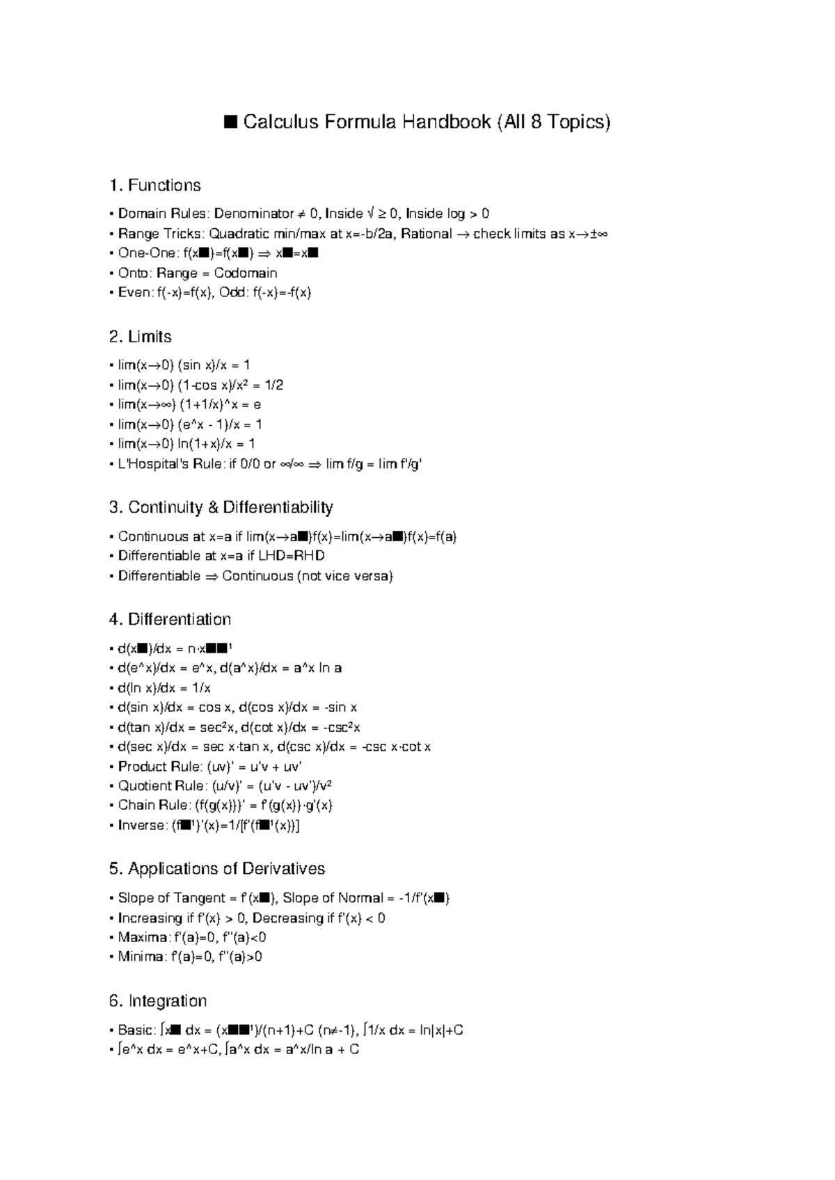Calculus Formula Handbook: Key Concepts & Formulas (All Topics) - Studocu