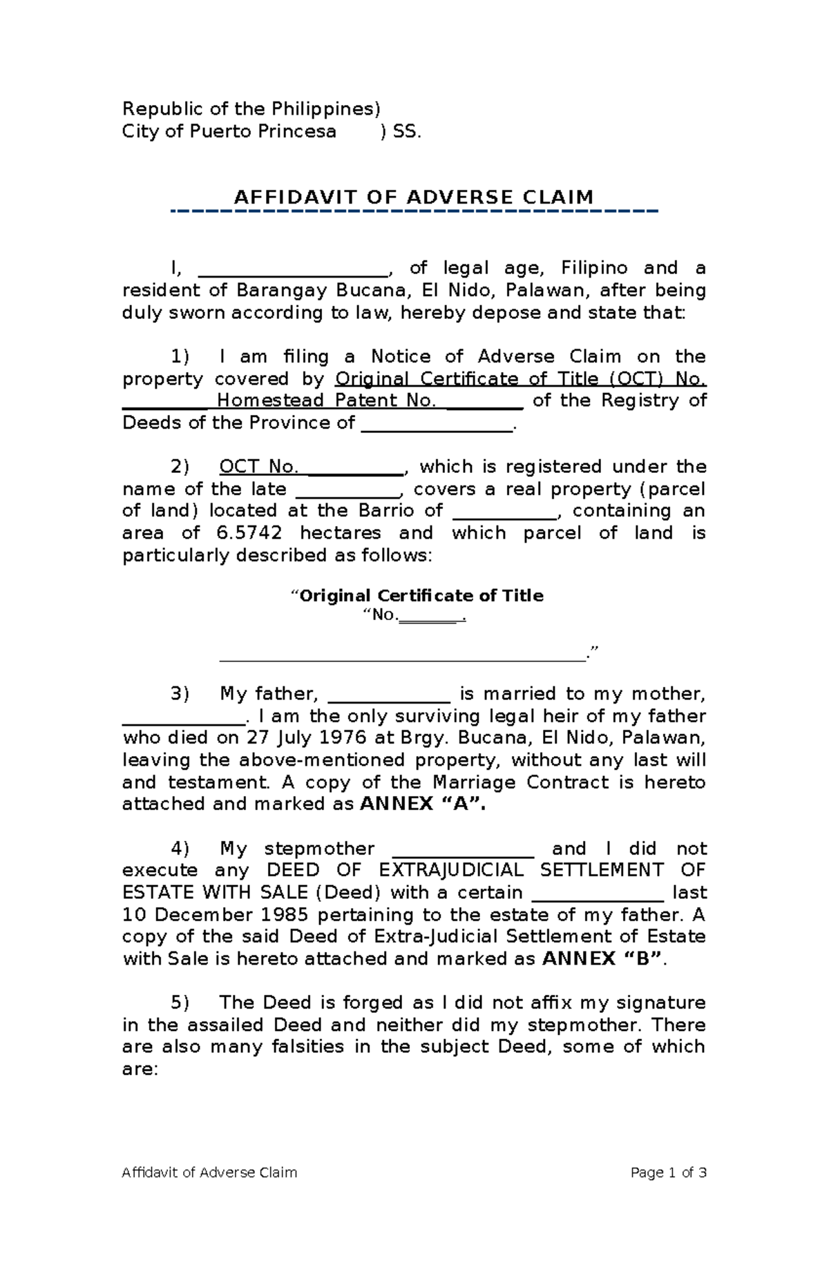 Affidavit of Adverse Claim for Property Title - Legal Document - Studocu