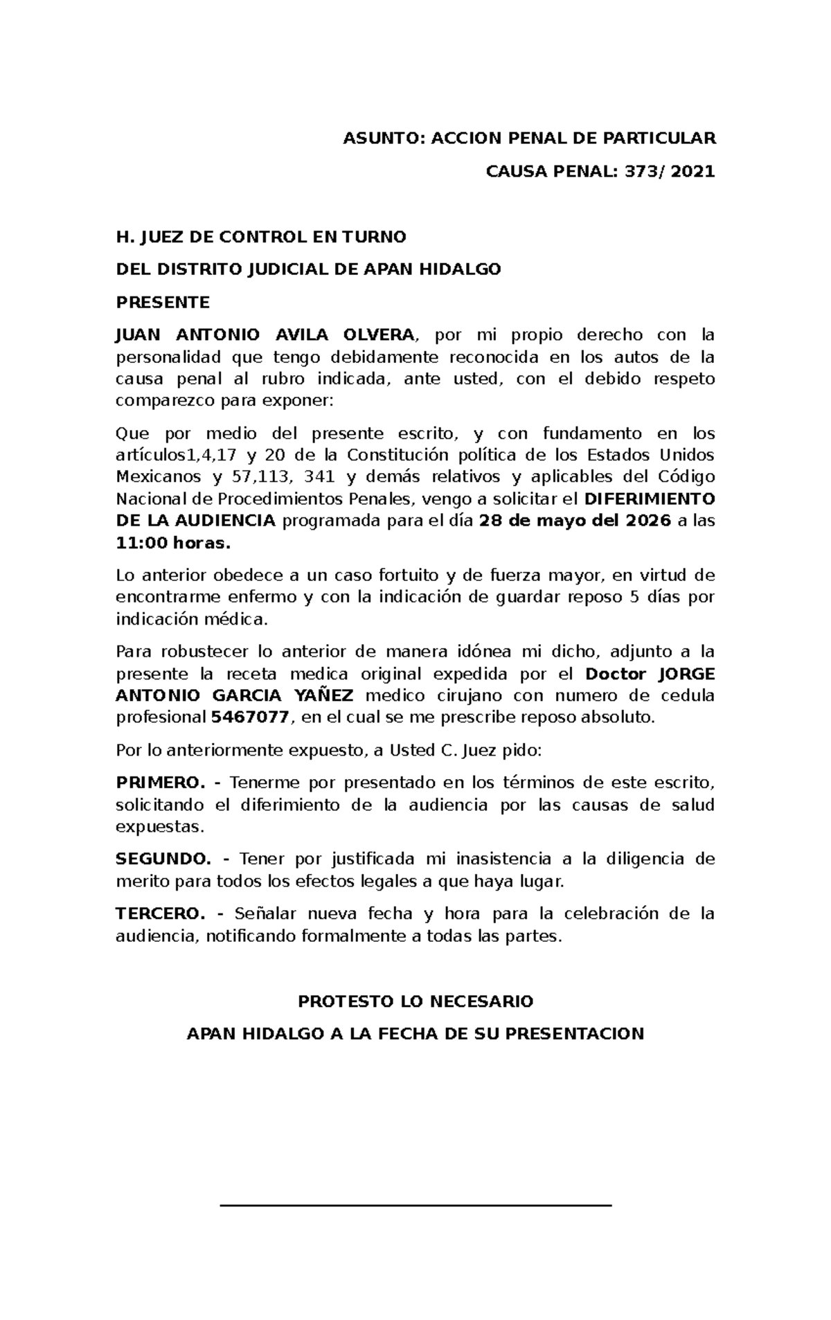 Promoción para Diferir Audiencia Penal - Causa 2021 H - Studocu
