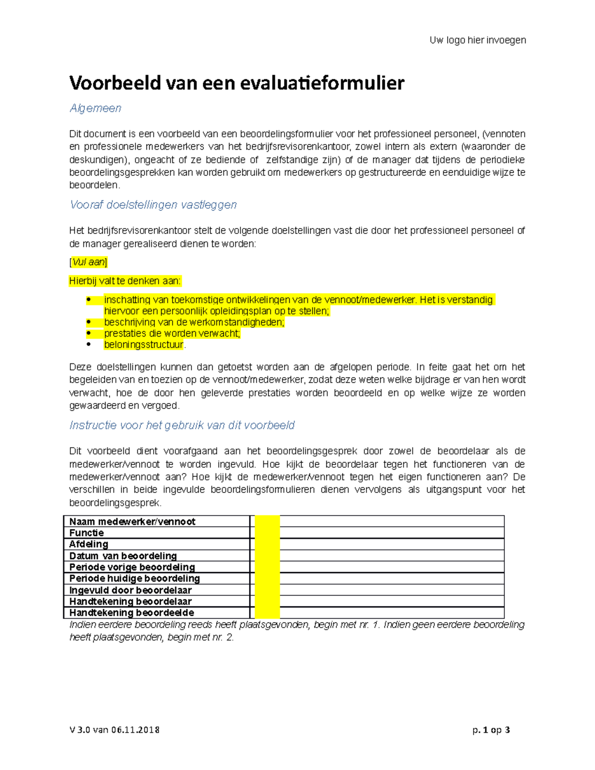 Evaluatieformulier Voor Professioneel Personeel - V 3.0 - Studeersnel