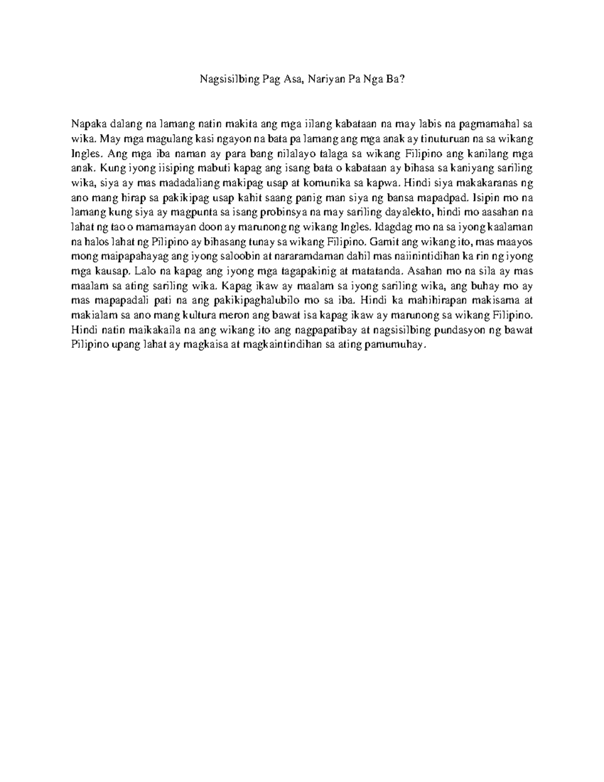 WIKA Essay Reflection - The Importance of Filipino Language - Studocu