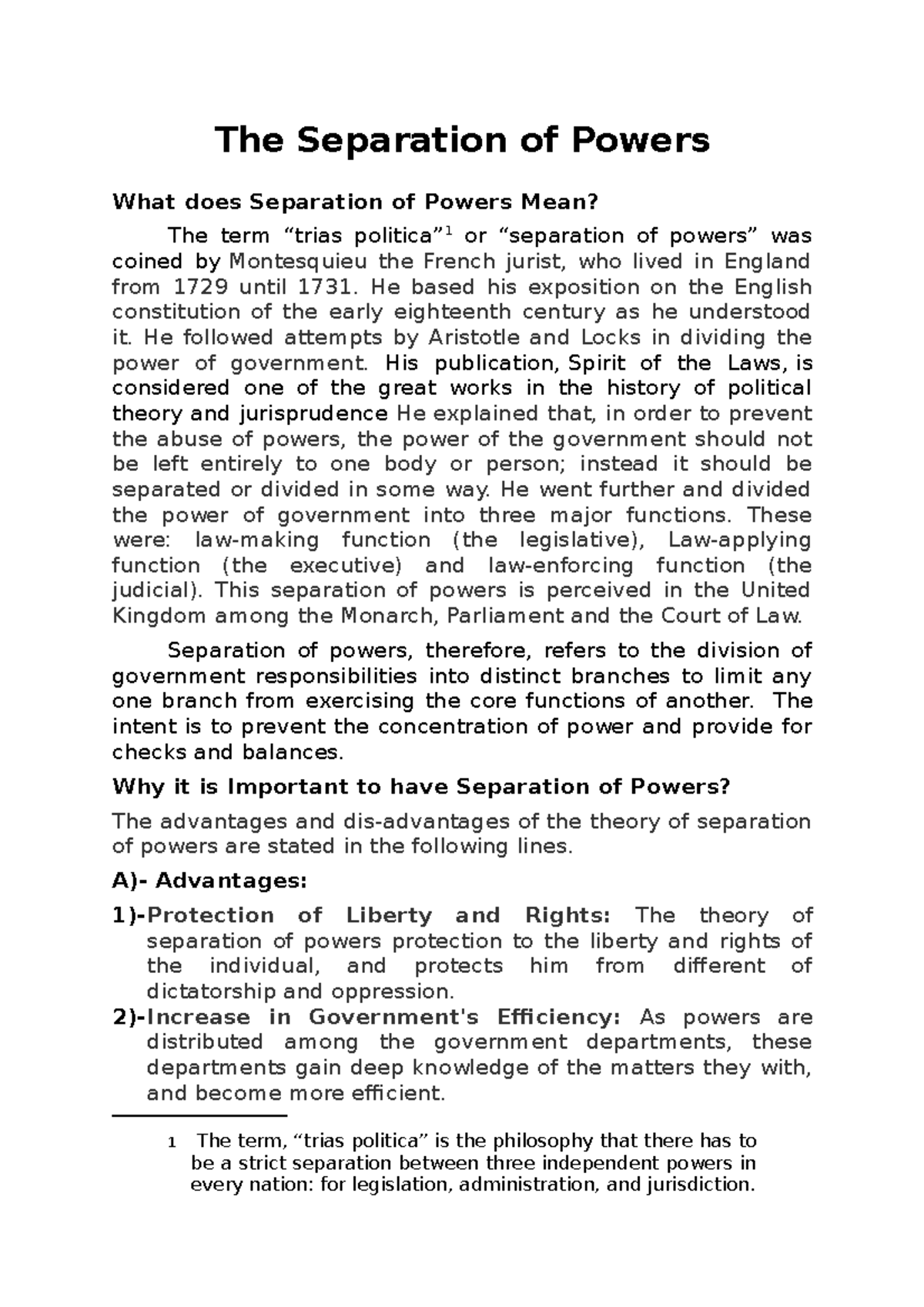 Lecture Notes - The Separation of Powers - The Separation of Powers ...