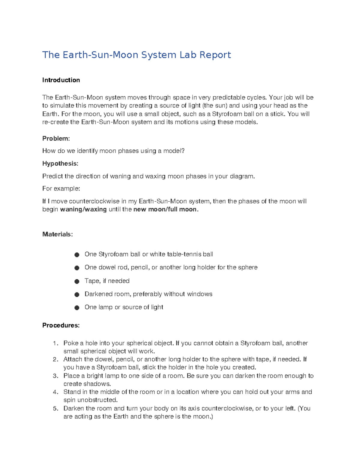 8.06 Earth, Sun, and Moon System Lab Report and Observations - Studocu