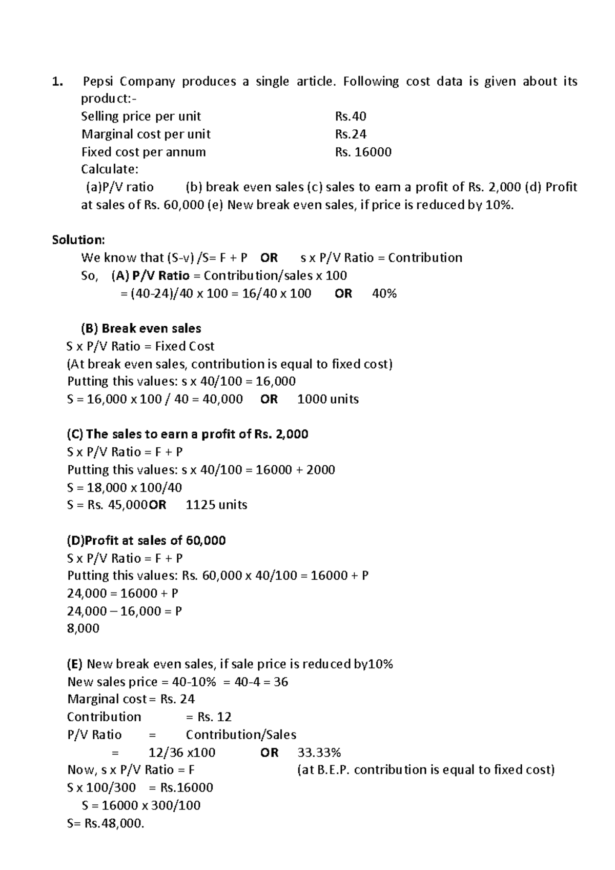 Breakeven Analysis: Numerical Problems and Solutions for ACCT 101 - Studocu