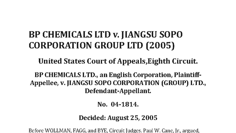 BP CHEMICALS LTD v. JIANGSU SOPO CORP - Eighth Circuit Case Analysis ...