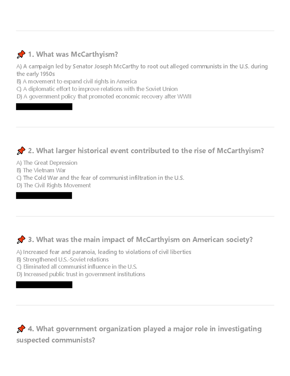 McCarthyism MCQ Practice Materials for History Course - Studocu