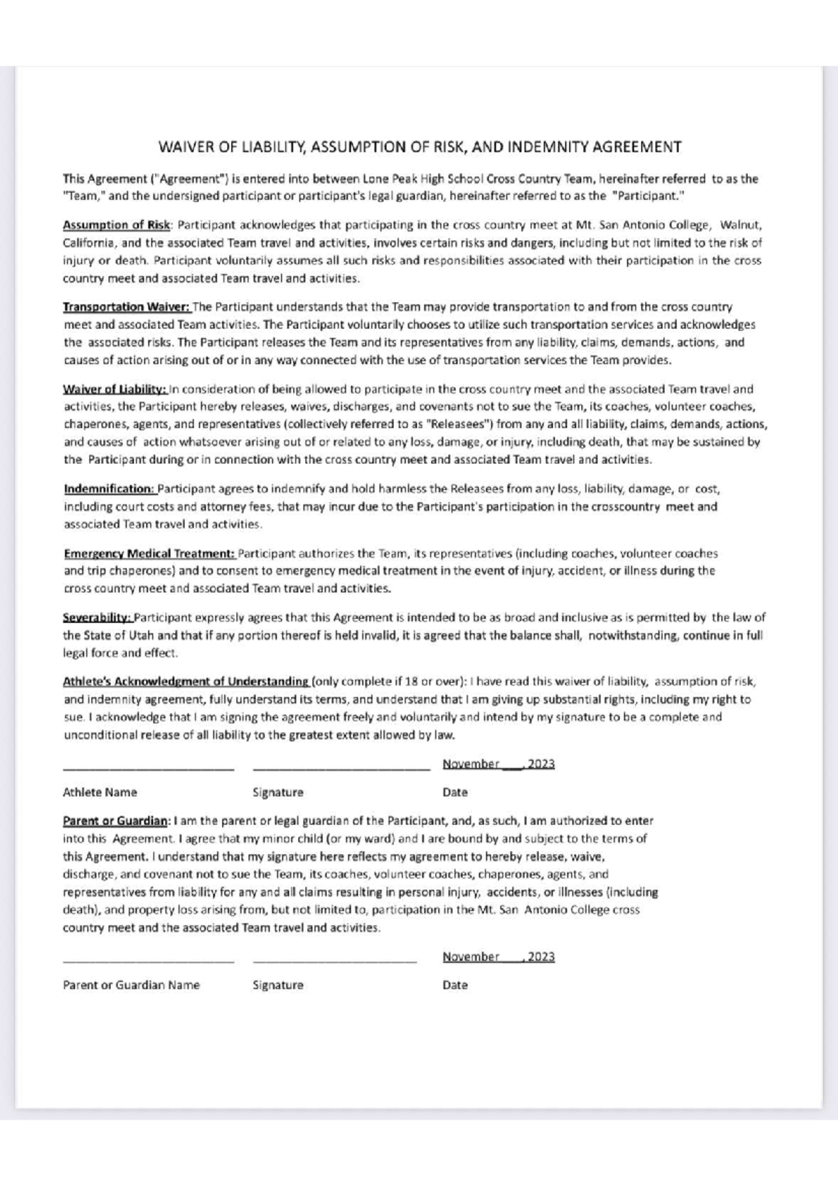 Cross Country Team Liability Waiver & Assumption of Risk Agreement ...