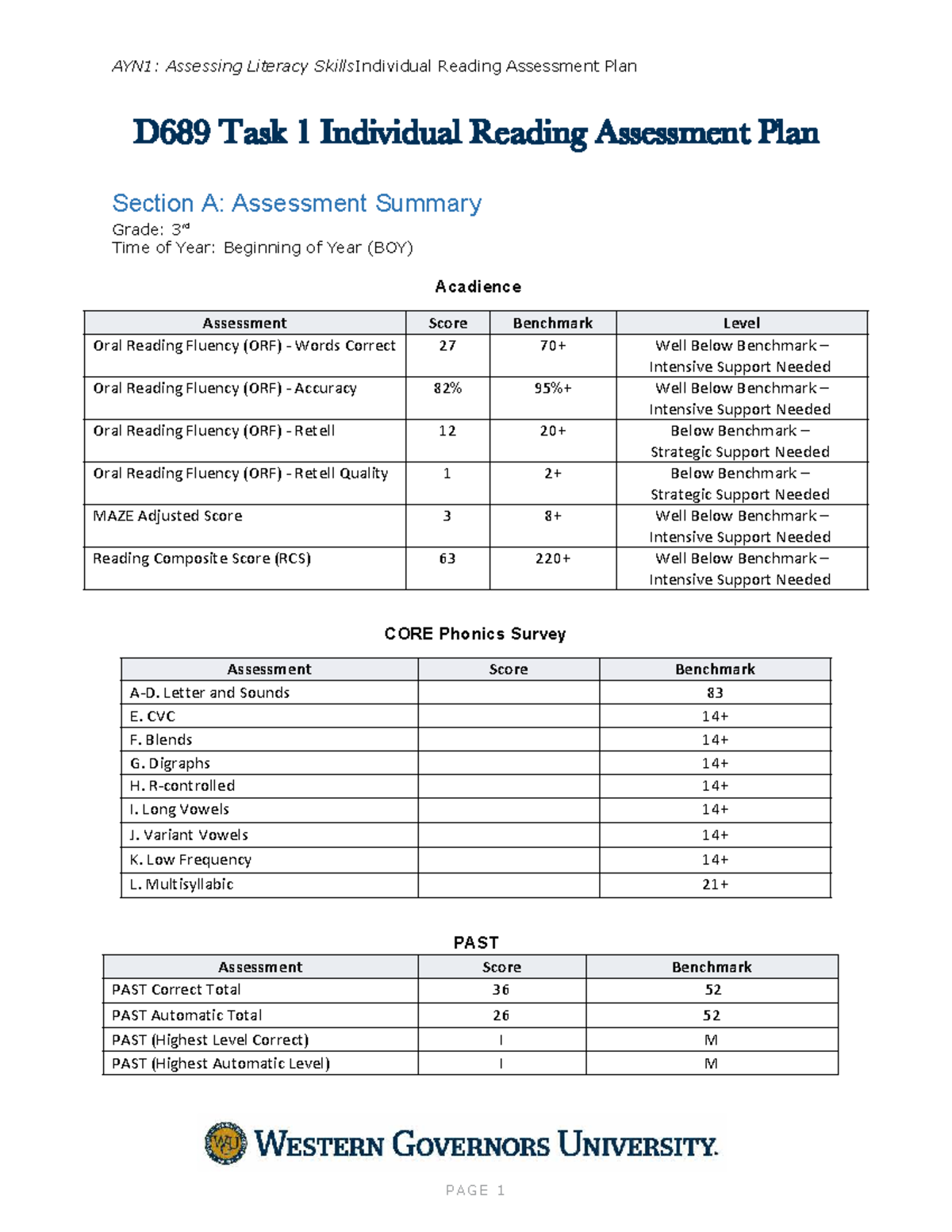AYN1: Individual Reading Assessment Plan for 3rd Grade Literacy Skills ...