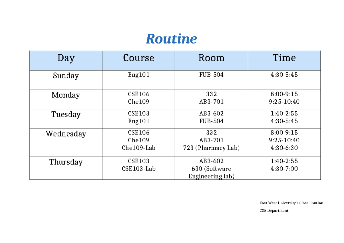 Routine - East West University’s Class Routine CSE Department Routine Day Course Room Time ...
