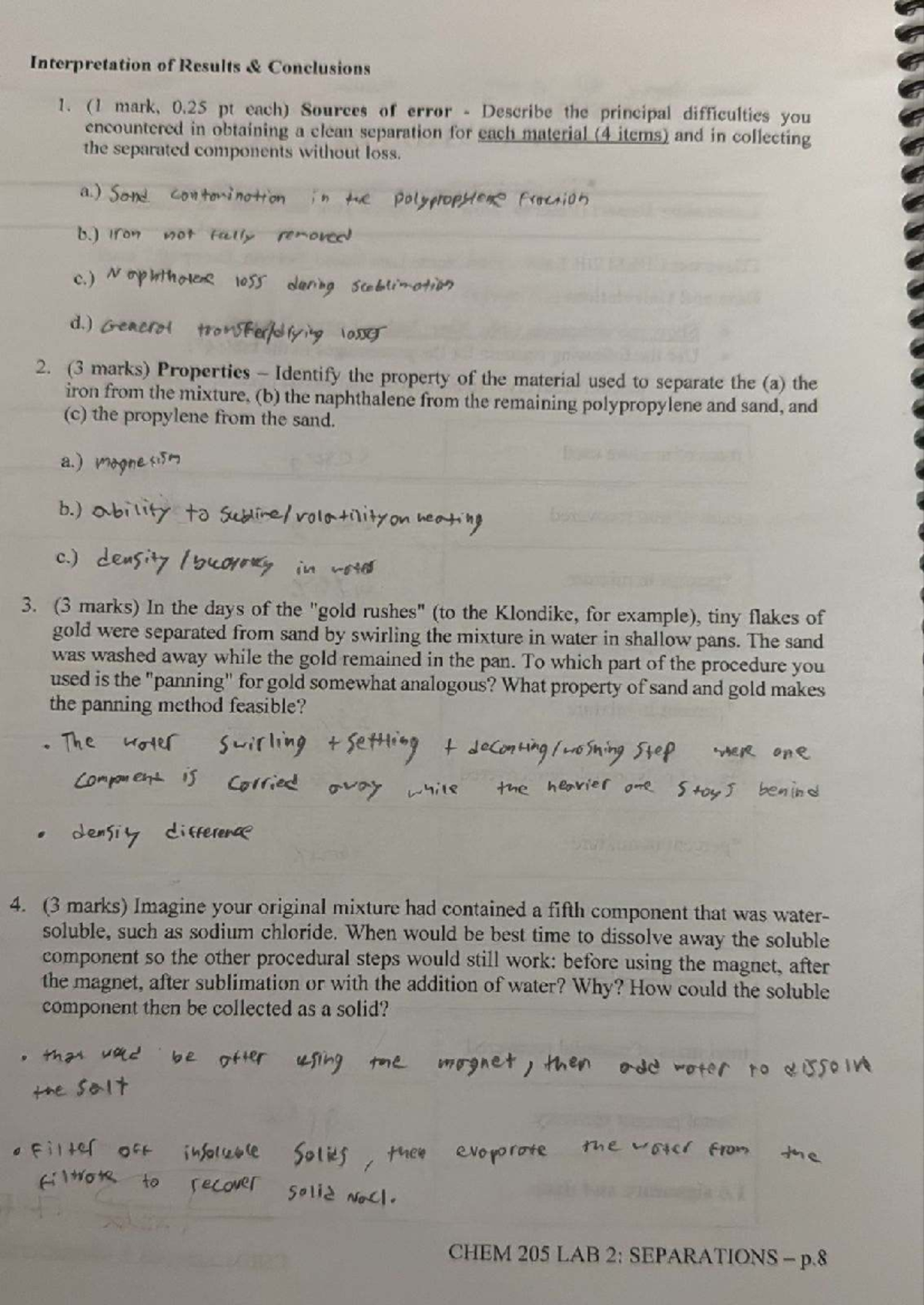 CHEM 205 LAB 2: Separation Techniques and Results Analysis - Studocu