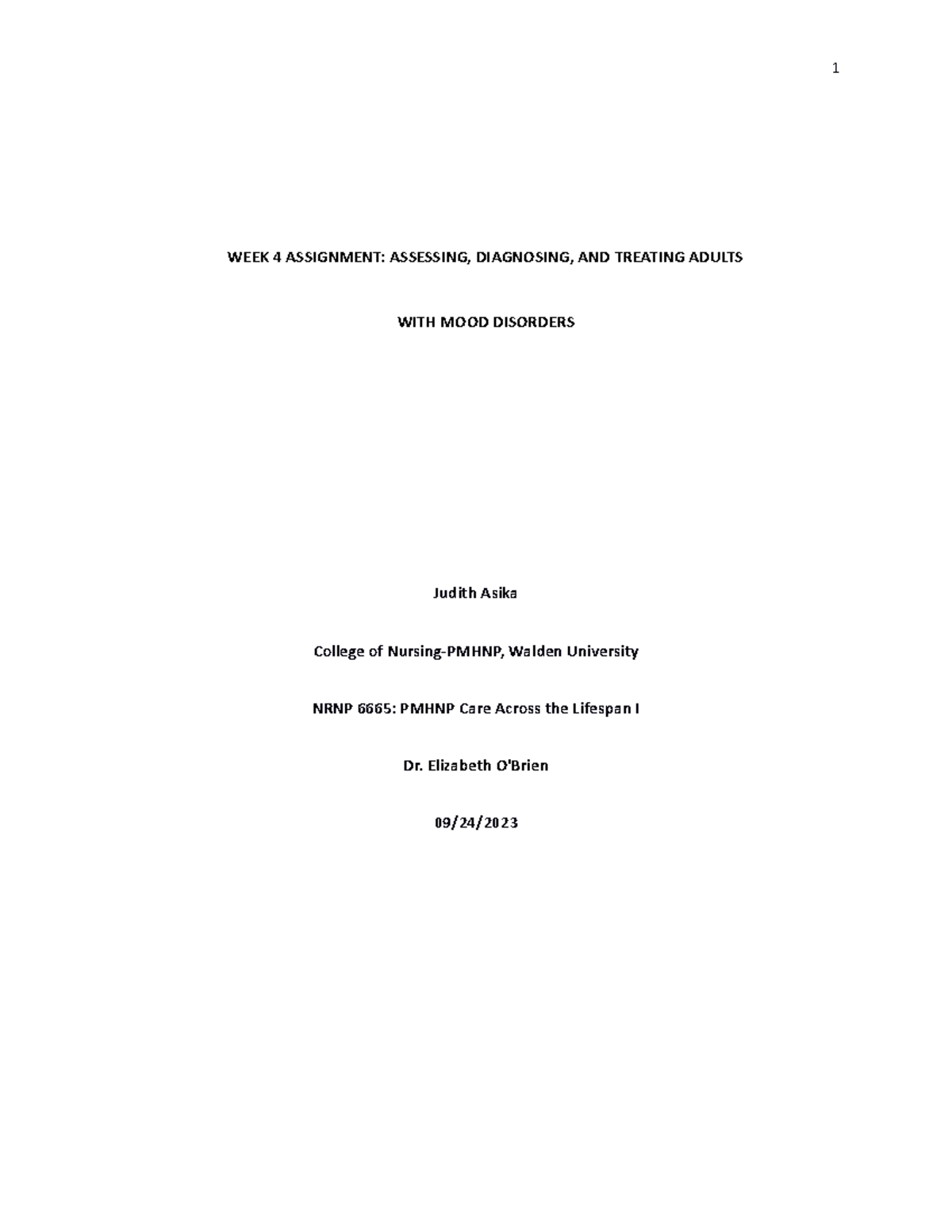 NRNP 6665: W4 Assignment on Assessing & Treating Adult Mood Disorders - Studocu