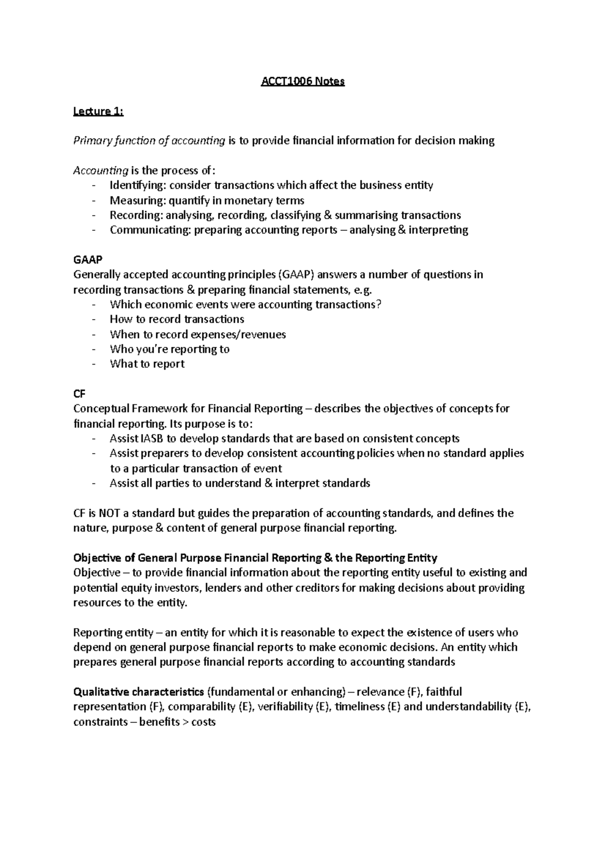 ACCT1006 Notes (Autosaved) - ACCT1006 Notes Lecture 1: Primary function ...