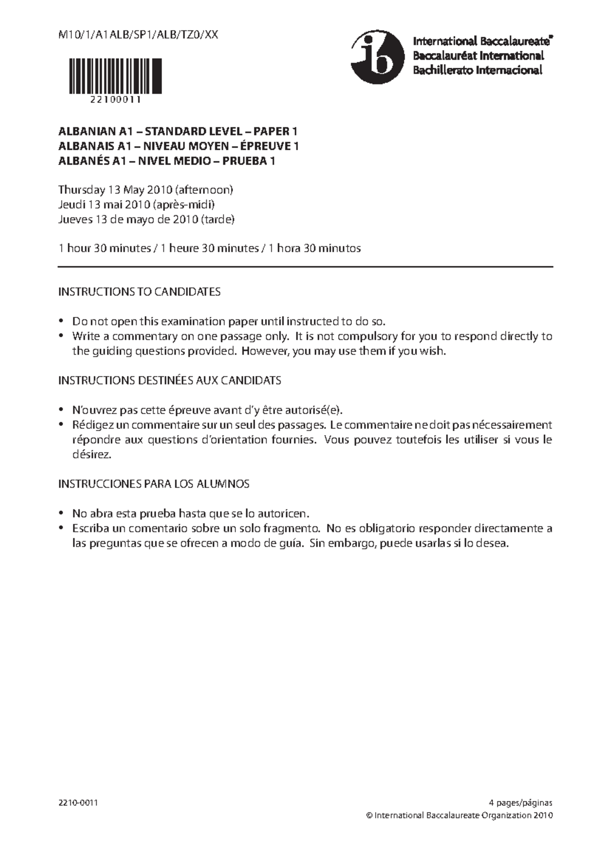 Albanian A1 SL Paper 1 - Examination Instructions & Sample Passages ...