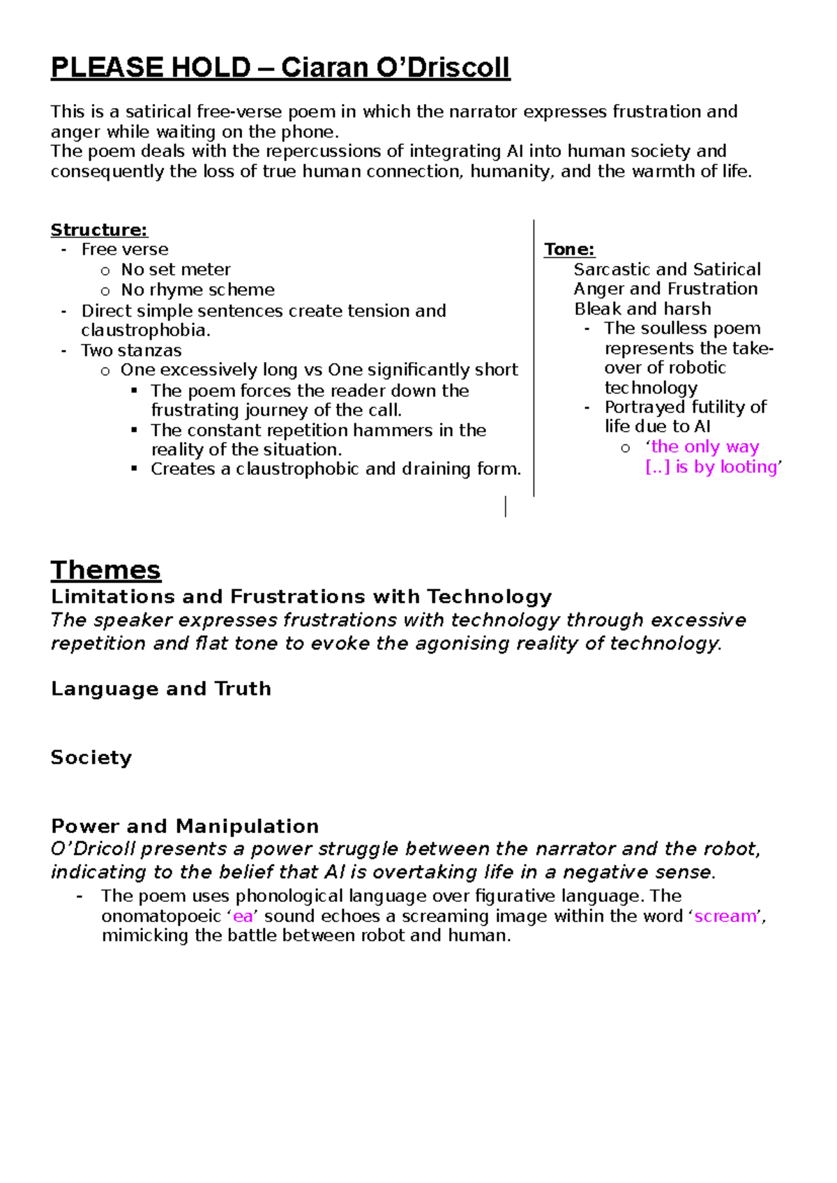 ENG 202 - Satirical Analysis of "Please HOLD" Poem by O'Driscoll - Studocu