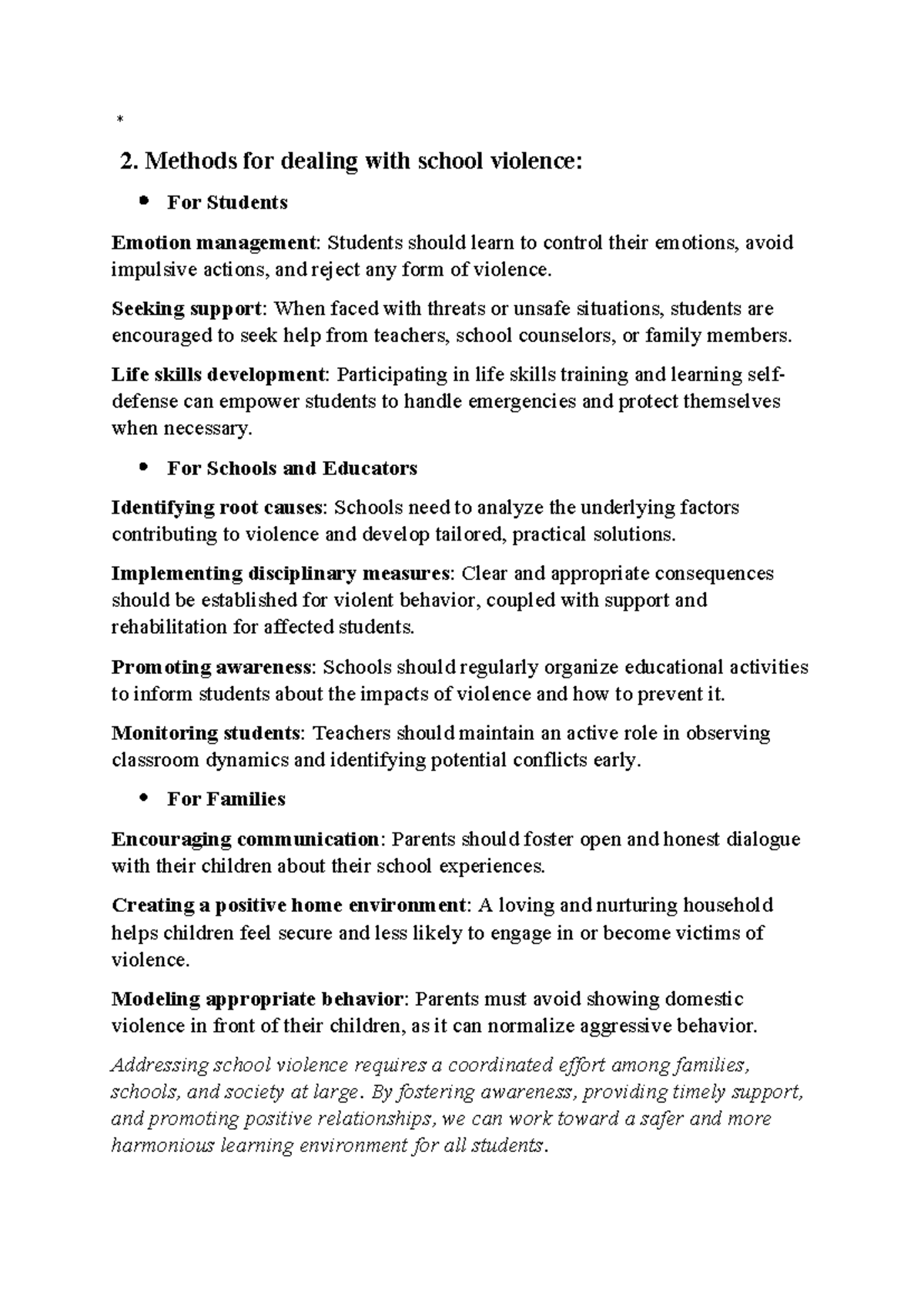 Methods for Addressing School Violence: Strategies for Students ...