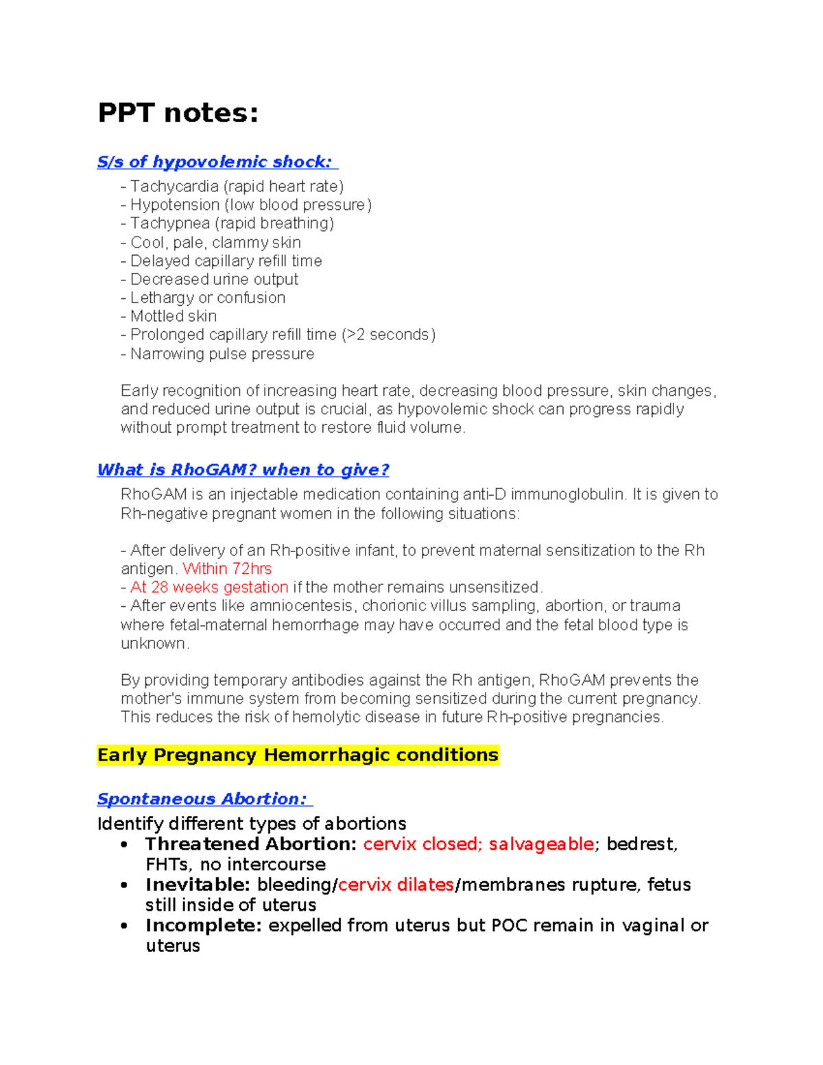 PPT Notes: Hypovolemic Shock, RhoGAM, and Pregnancy Complications - Studocu